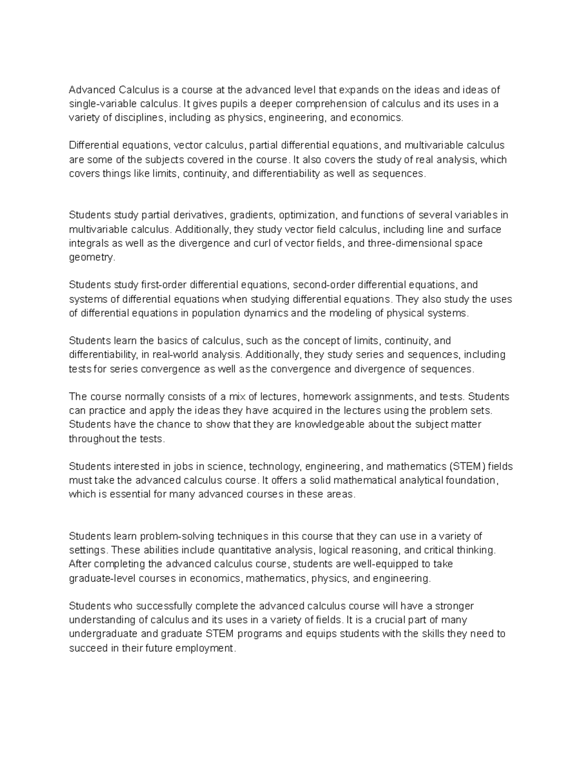 Notes On Advanced Calculus Advanced Calculus Is A Course At The Advanced Level That Expands On