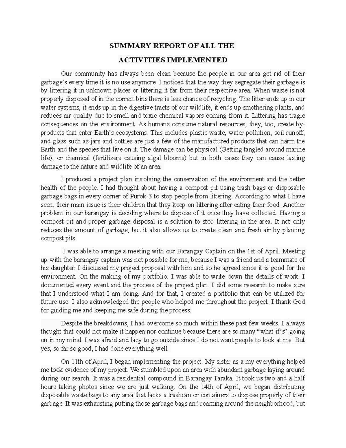 Summary Report OF ALL THE Activities Implemented - SUMMARY REPORT OF ...