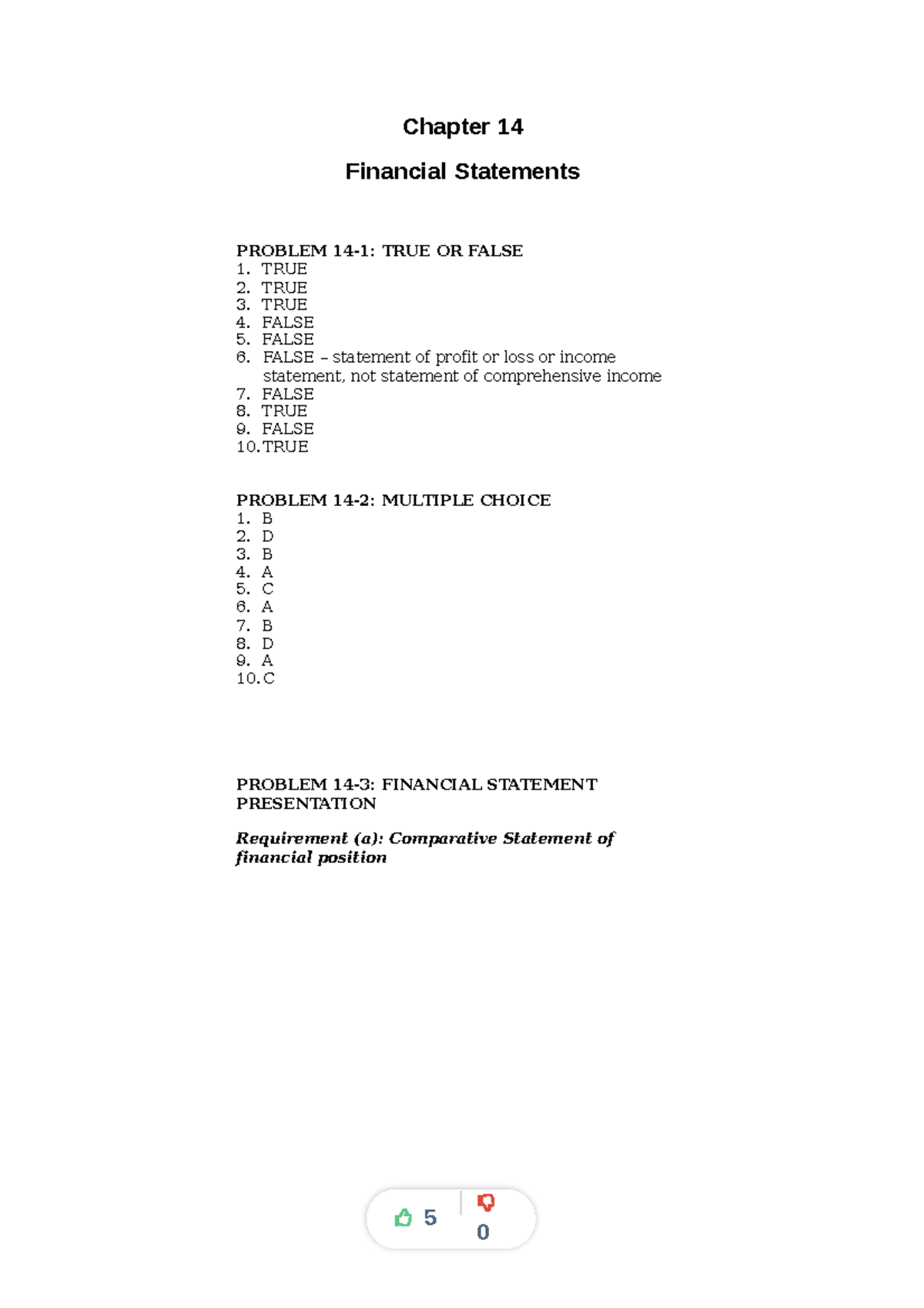 Asi chapter 14 financial statements - Chapter 14 Financial Statements PROBLEM 14-1: TRUE OR ...