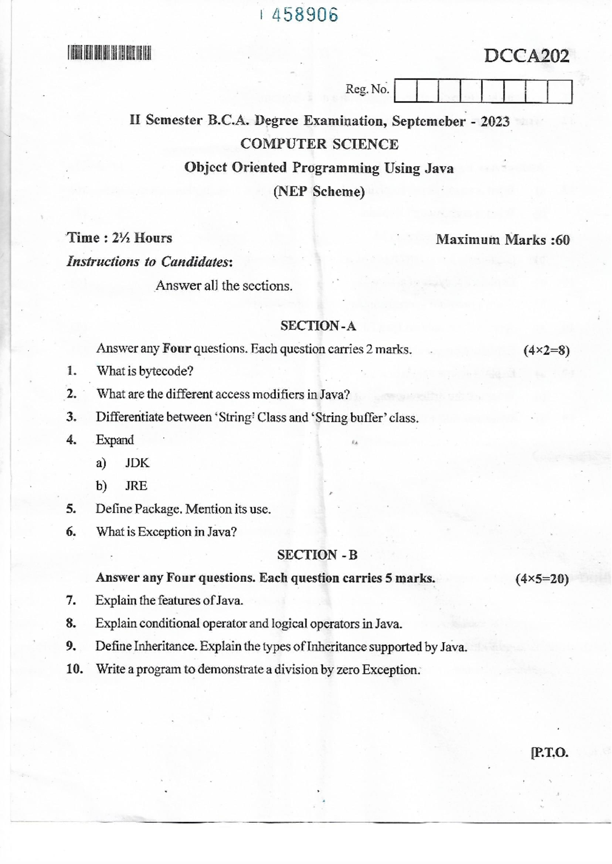 Java 2023 - Model question paper - 458906 DCCA202 Reg. No. II Semester ...