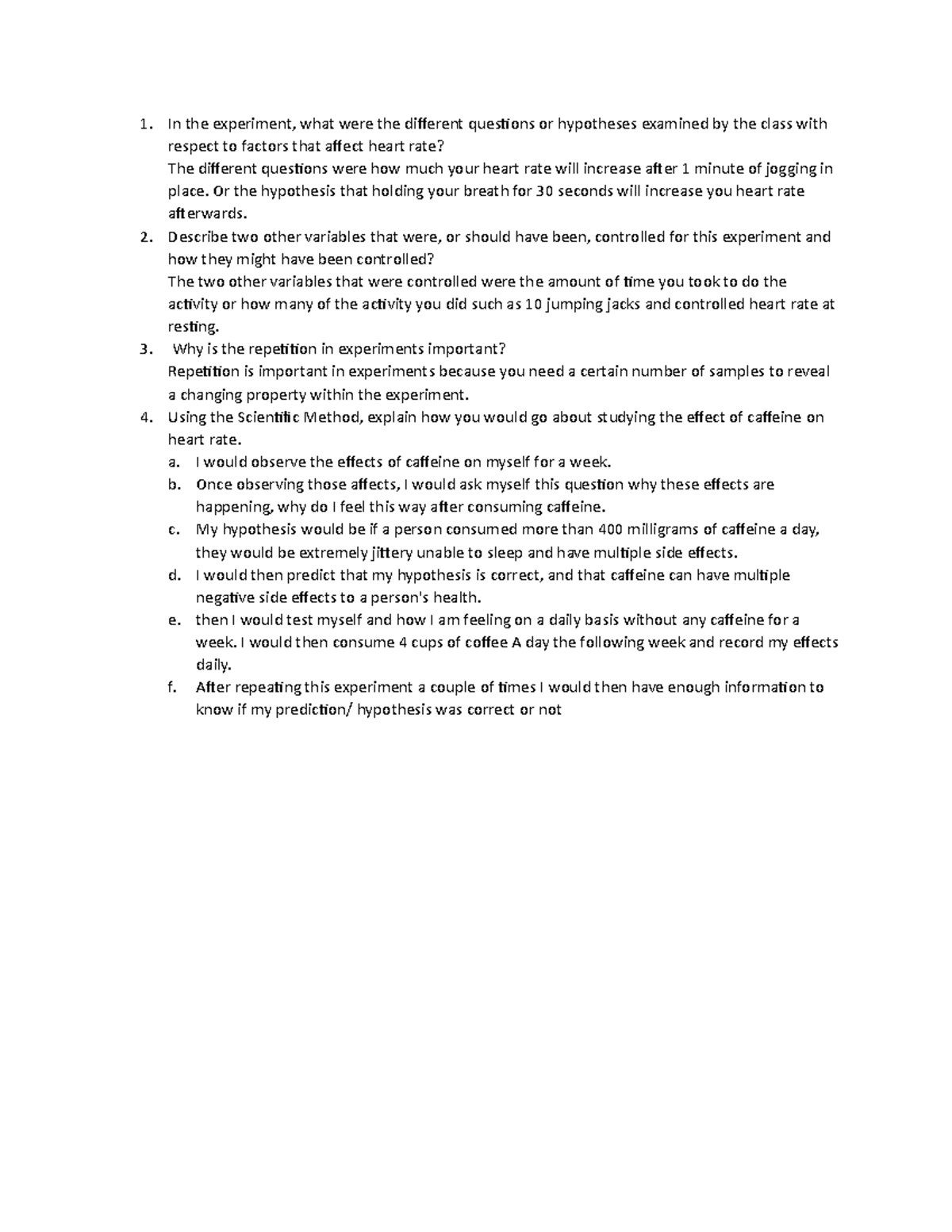 Lab 1 questions - In the experiment, what were the different questions ...