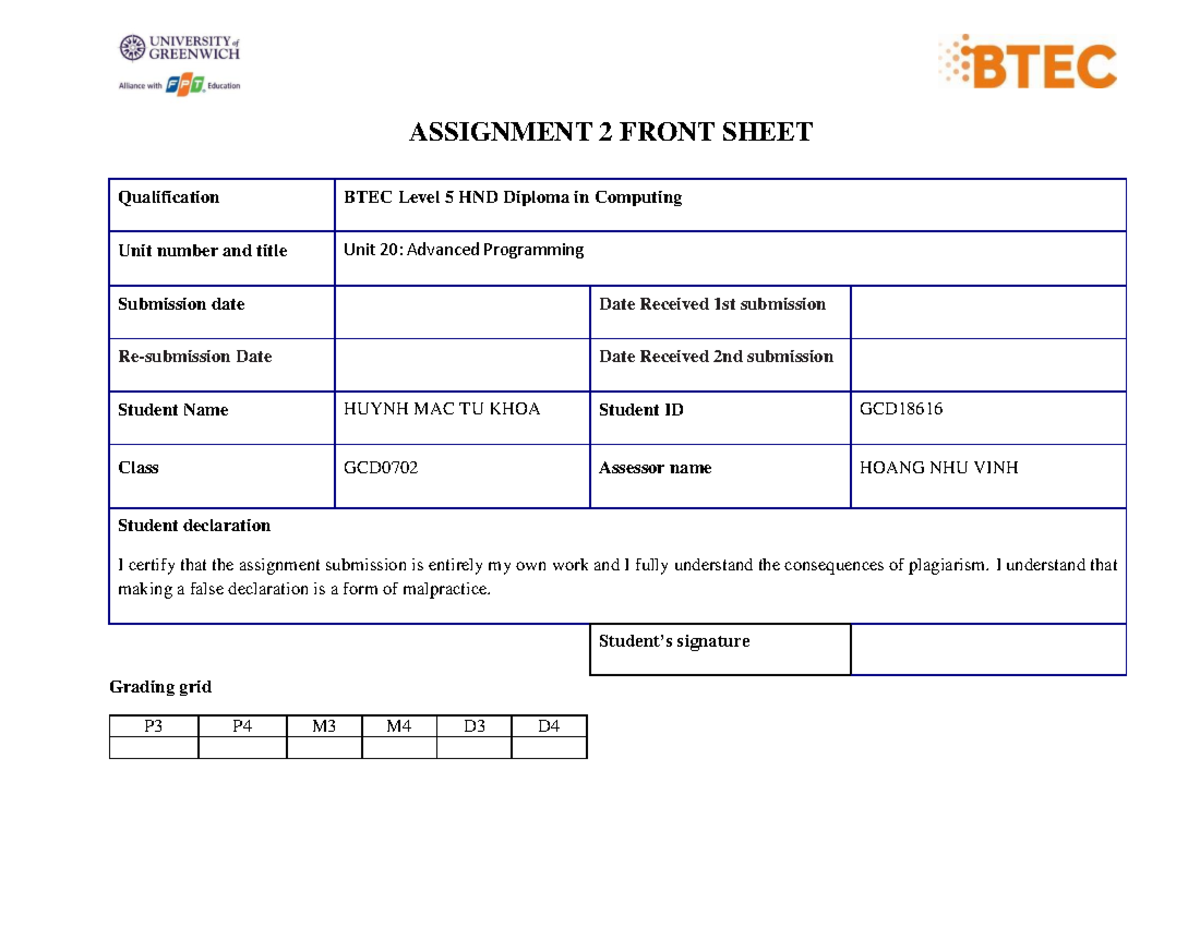 Asm2-Advance Programming-Khoa - ASSIGNMENT 2 FRONT SHEET Qualification ...