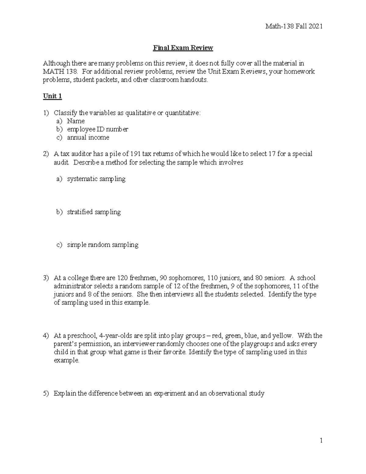 Math-138 Final Exam Review Fall 2021 - Math-138 Fall 2021 Final Exam ...