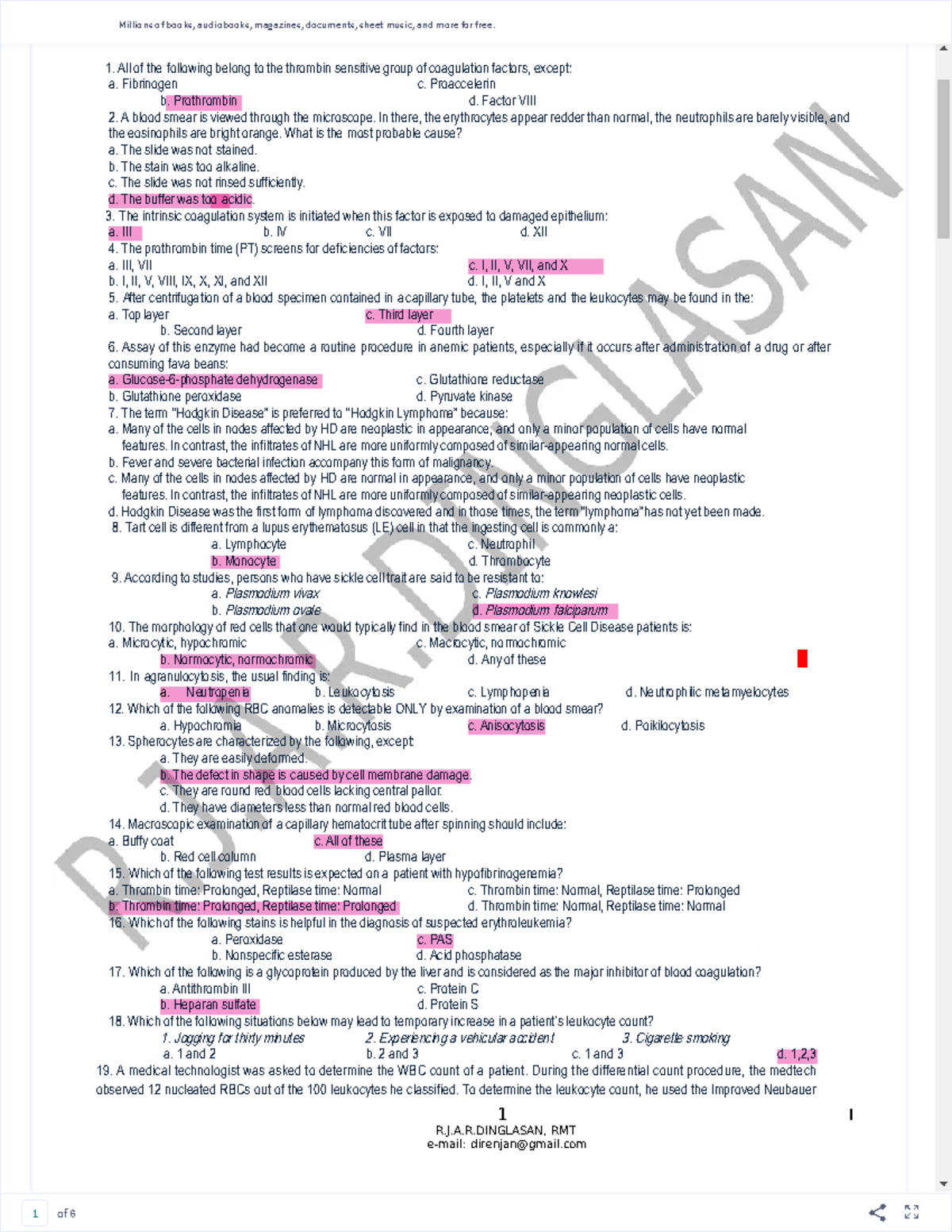 Hema practice exam Answers Incomplete
