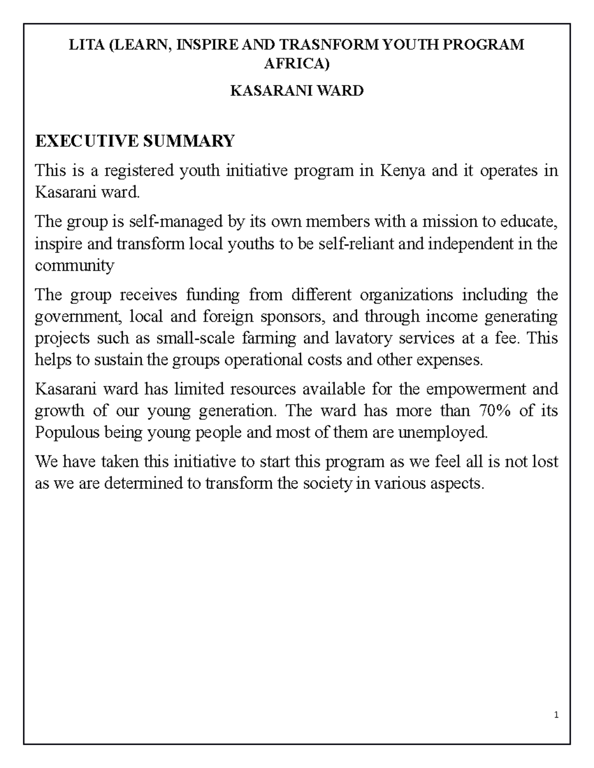 LIT (learn inform and trasnform) youth program - LITA (LEARN, INSPIRE ...