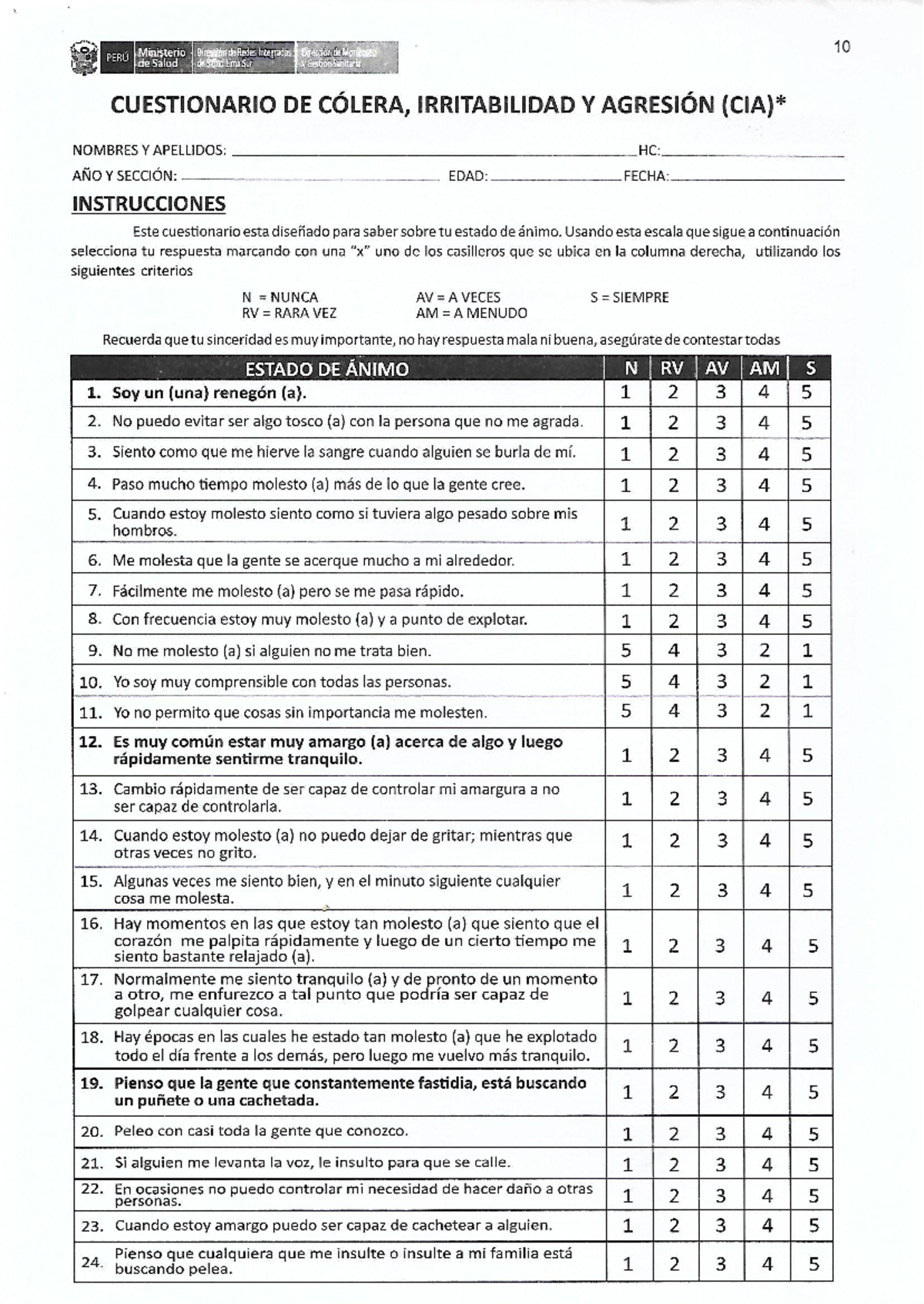 CIA - TEST PARA EVALUAR AGRESIVIDAD - PERU Ministerio Dirección de ...
