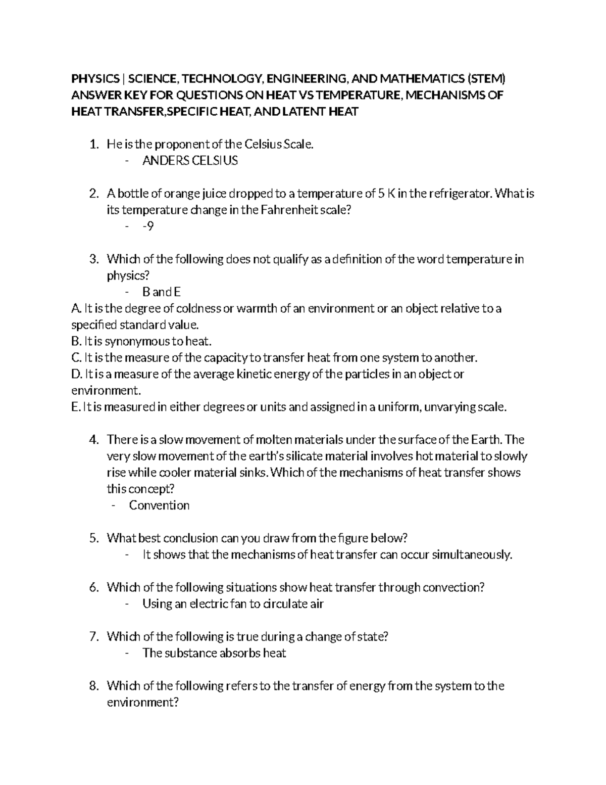 Physics Answer KEY FOR Questions ON HEAT VS Temperature, Mechanisms OF ...