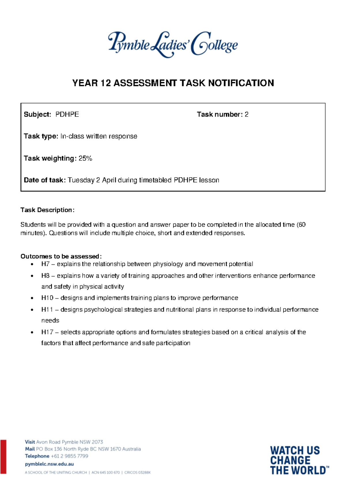 Year 12 Pdhpe Assessment Task 2 Notification 2024 - YEAR 12 ASSESSMENT ...
