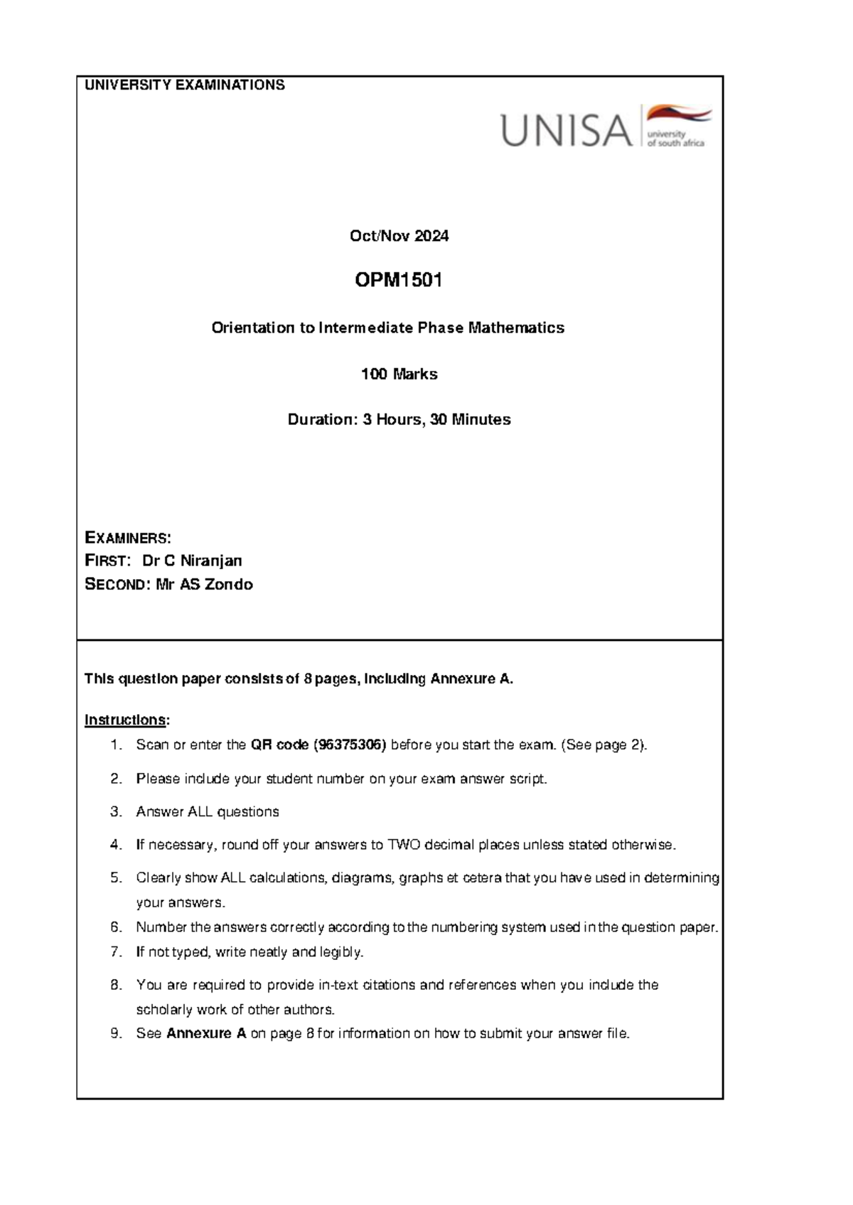 OPM1501 Oct Nov 2024 Final Examination Question Paper - UNIVERSITY ...