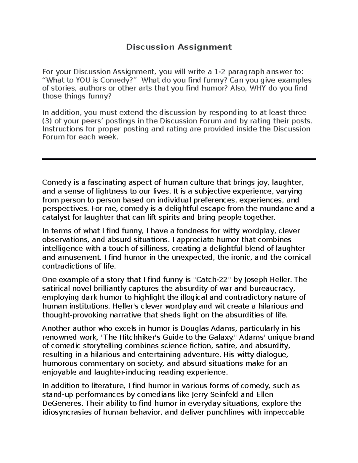 Discussion Assignment - Instructions for proper posting and rating are ...