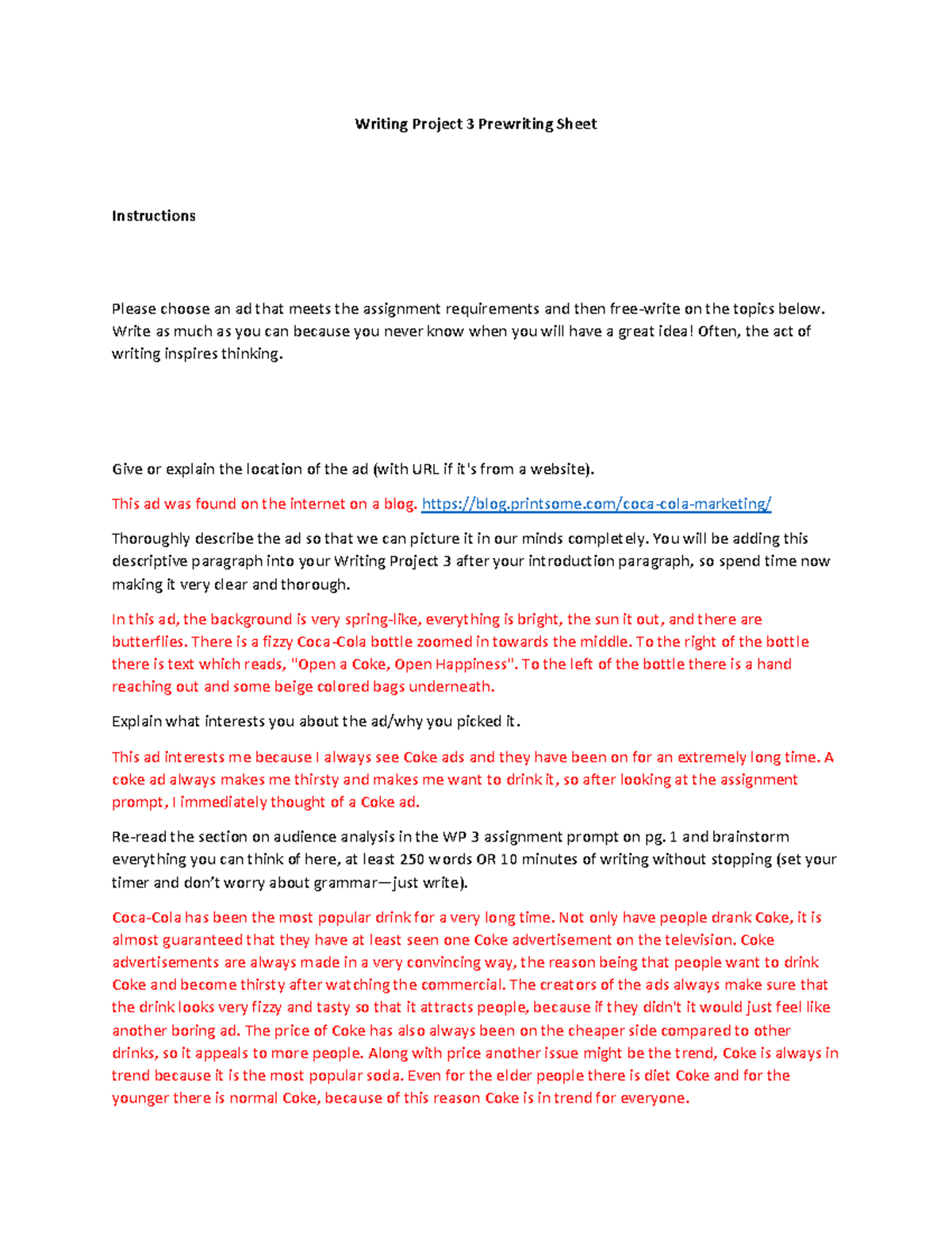 Writing Project 3 Prewriting Sheet - Write as much as you can because ...