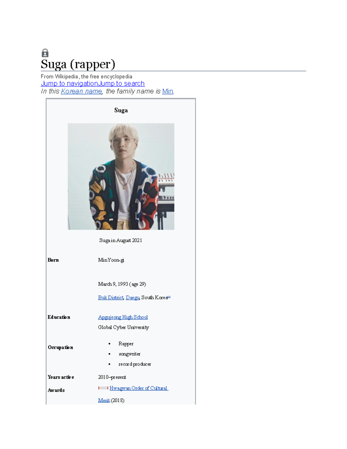 SUGA - BTS-SUGA - Suga (rapper) From Wikipedia, the free encyclopedia ...