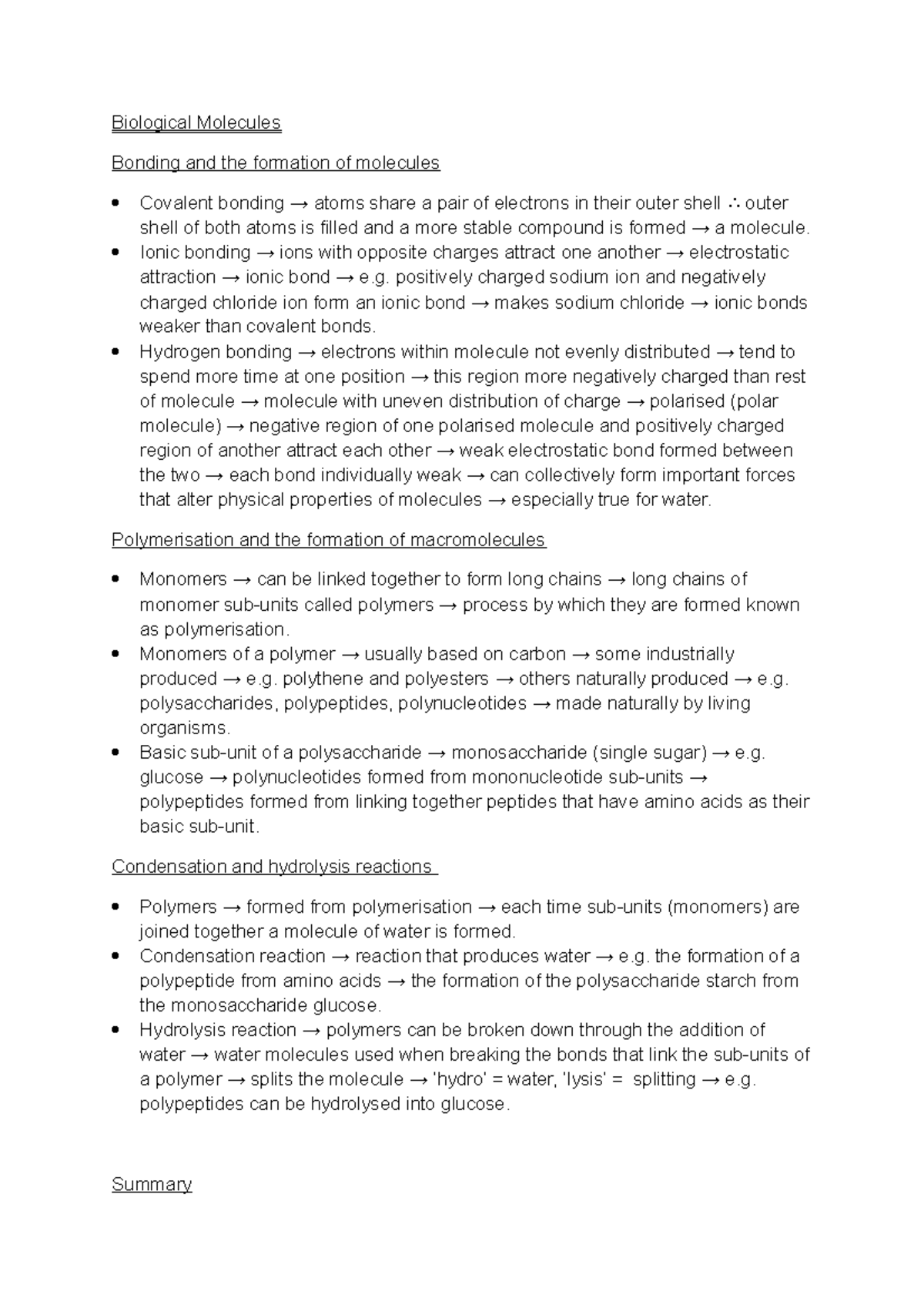 Biology Chapter 1 notes final - Biological Molecules Bonding and the ...