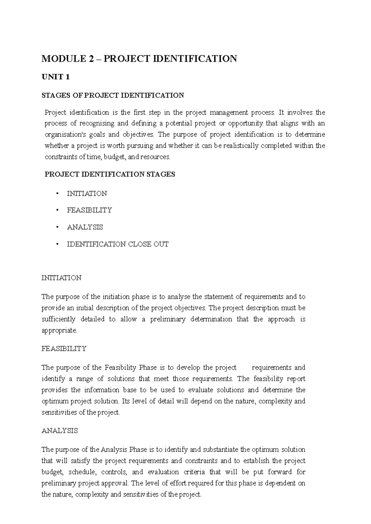 Module 2 - Project Identification - MODULE 2 – PROJECT IDENTIFICATION UNIT 1 STAGES OF PROJECT ...