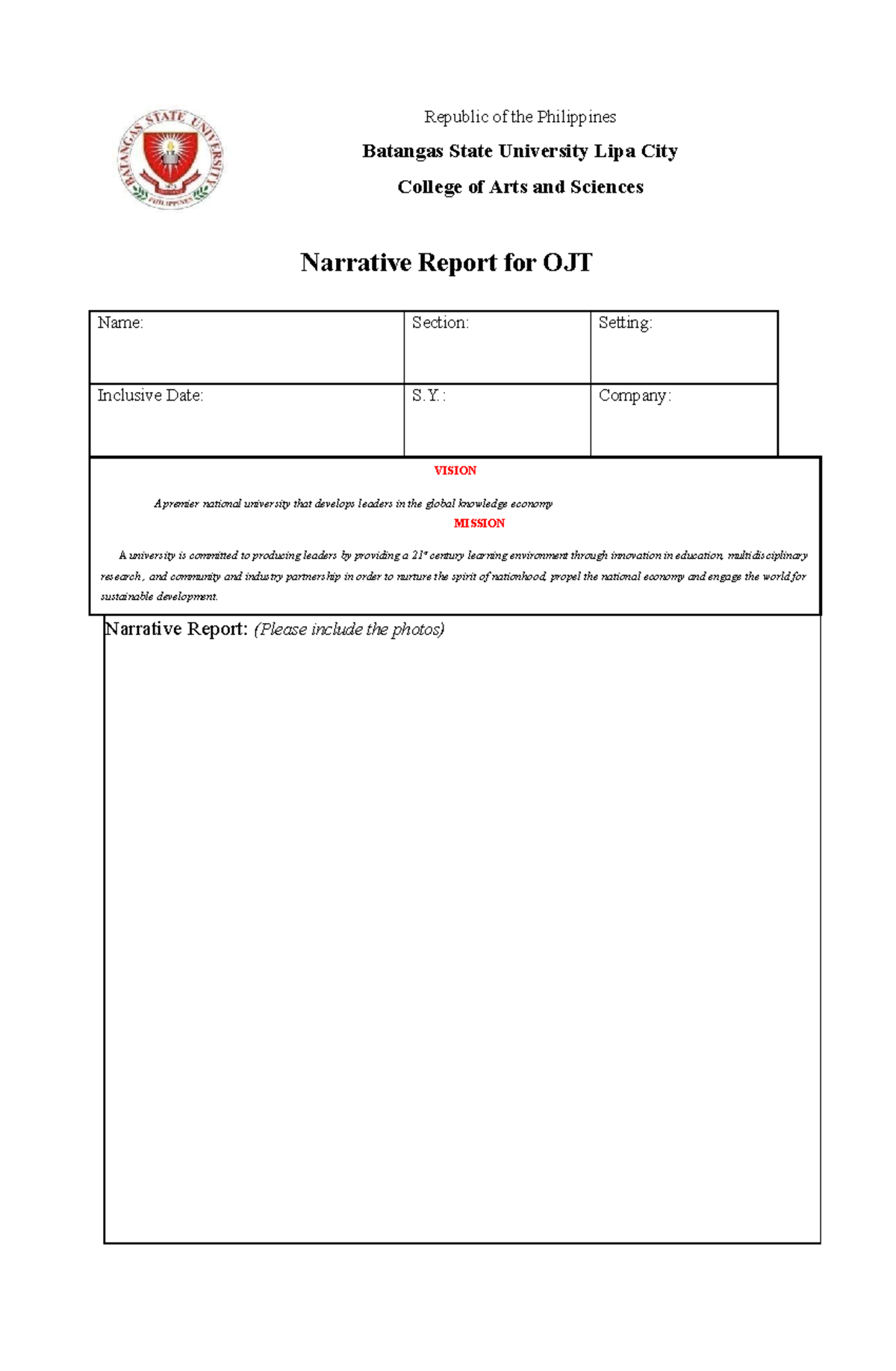 Narrative- Template - Republic of the Philippines Batangas State ...