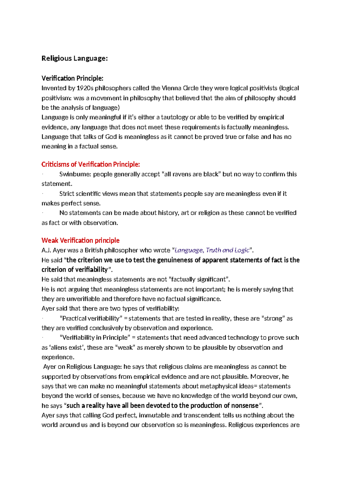 Religious Language Notes - Religious Language: Verification Principle ...