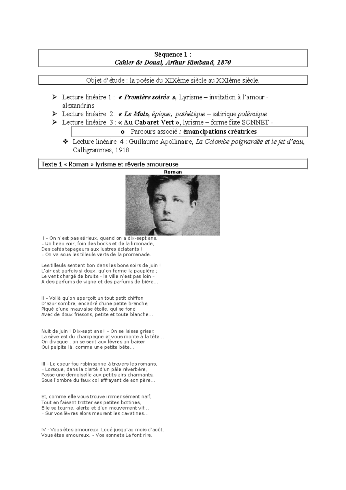 Roman Rimbaud Texte 1 - k-uyhfnv - Séquence 1 : Cahier de Douai, Arthur ...