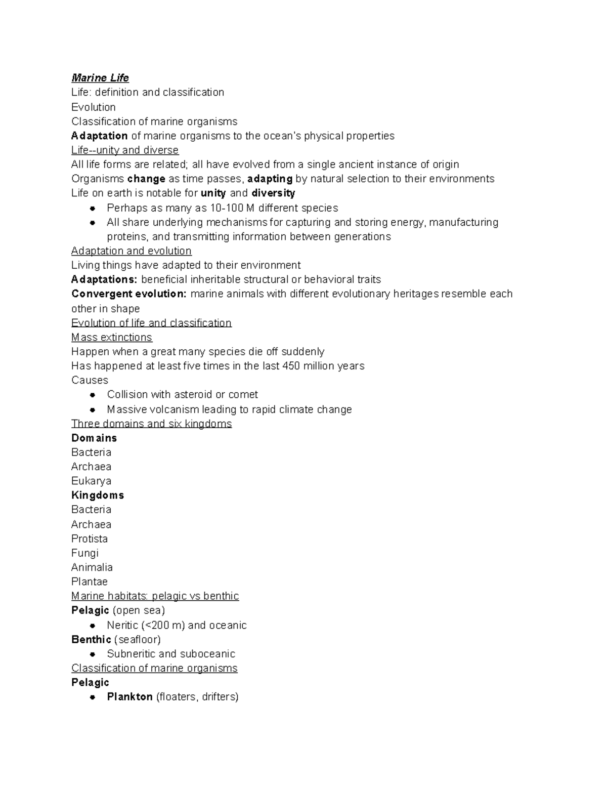 Ocean Notes 3 - Marine Life Life: definition and classification ...