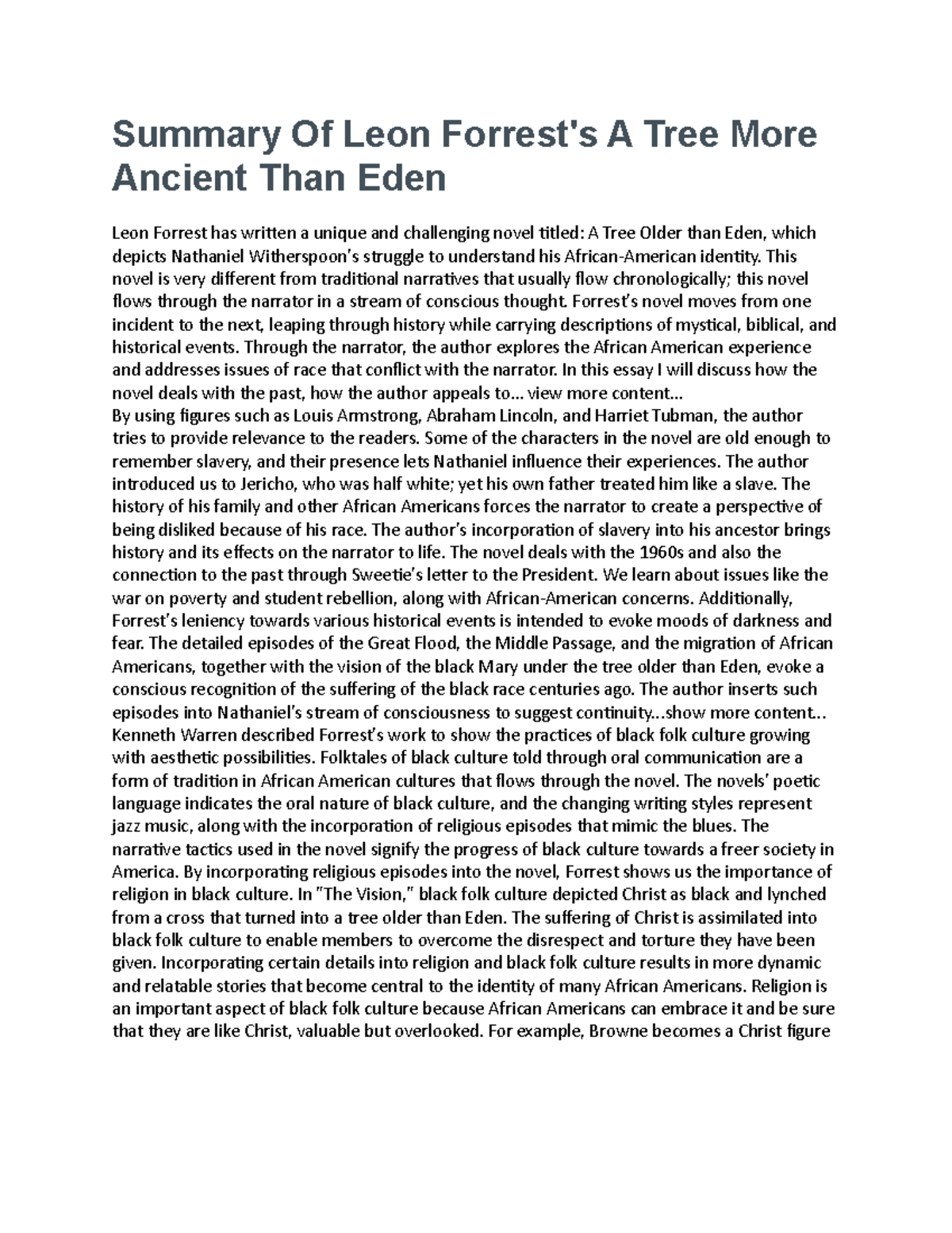 Summary Of Leon Forrest's A Tree More Ancient Than Eden - Summary Of Leon Forrest's A Tree More ...