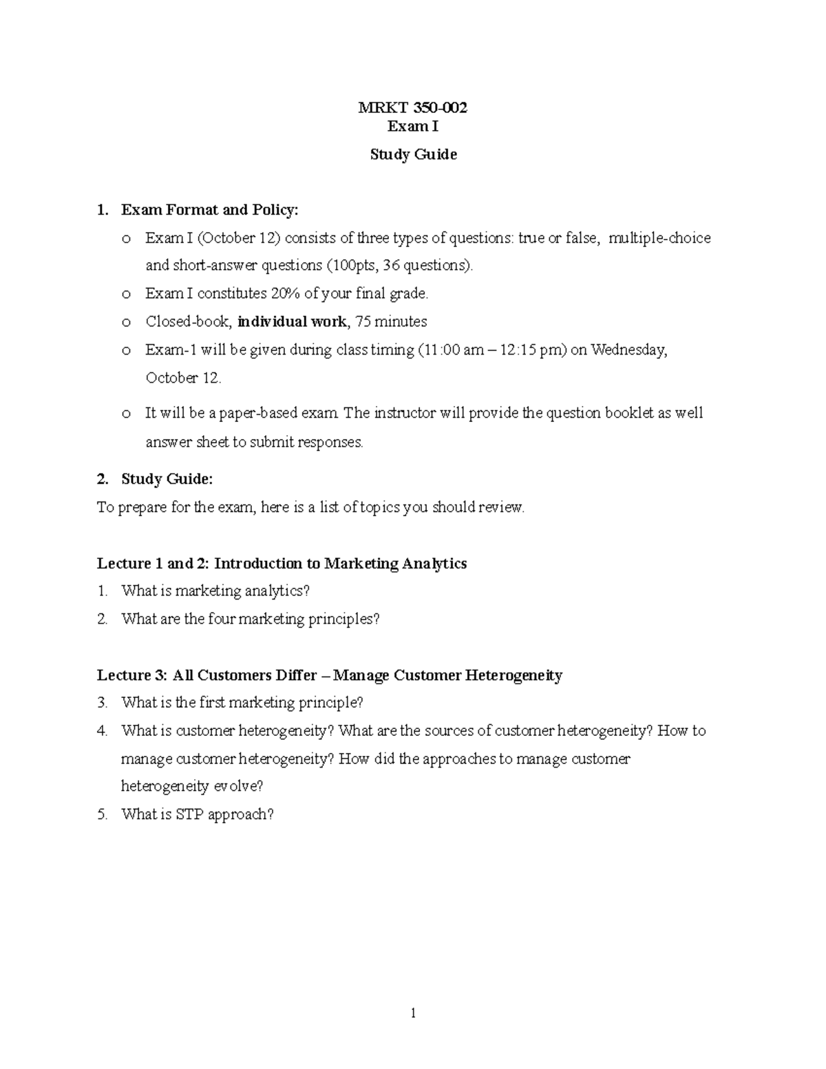 Exam I Study Guide 1 MRKT 350 Exam I Study Guide Exam Format And
