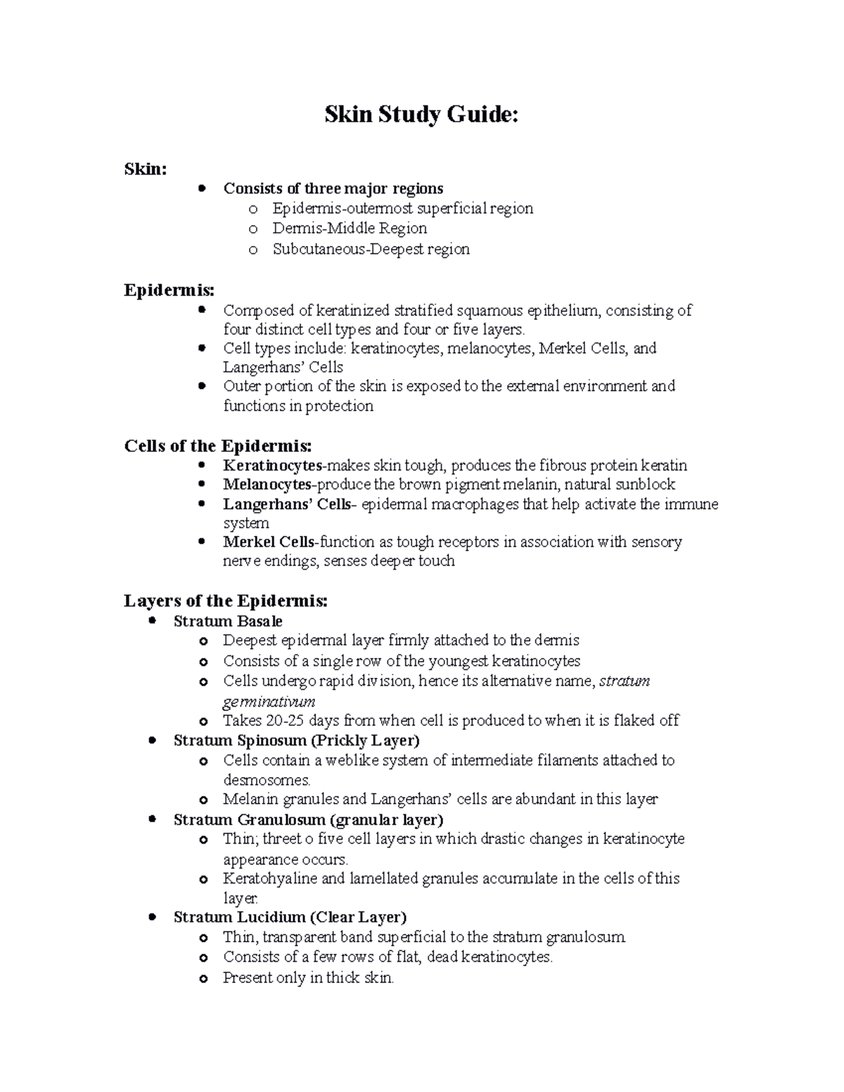 Skin Study Guide College Notes - Skin Study Guide: Skin: Consists of ...