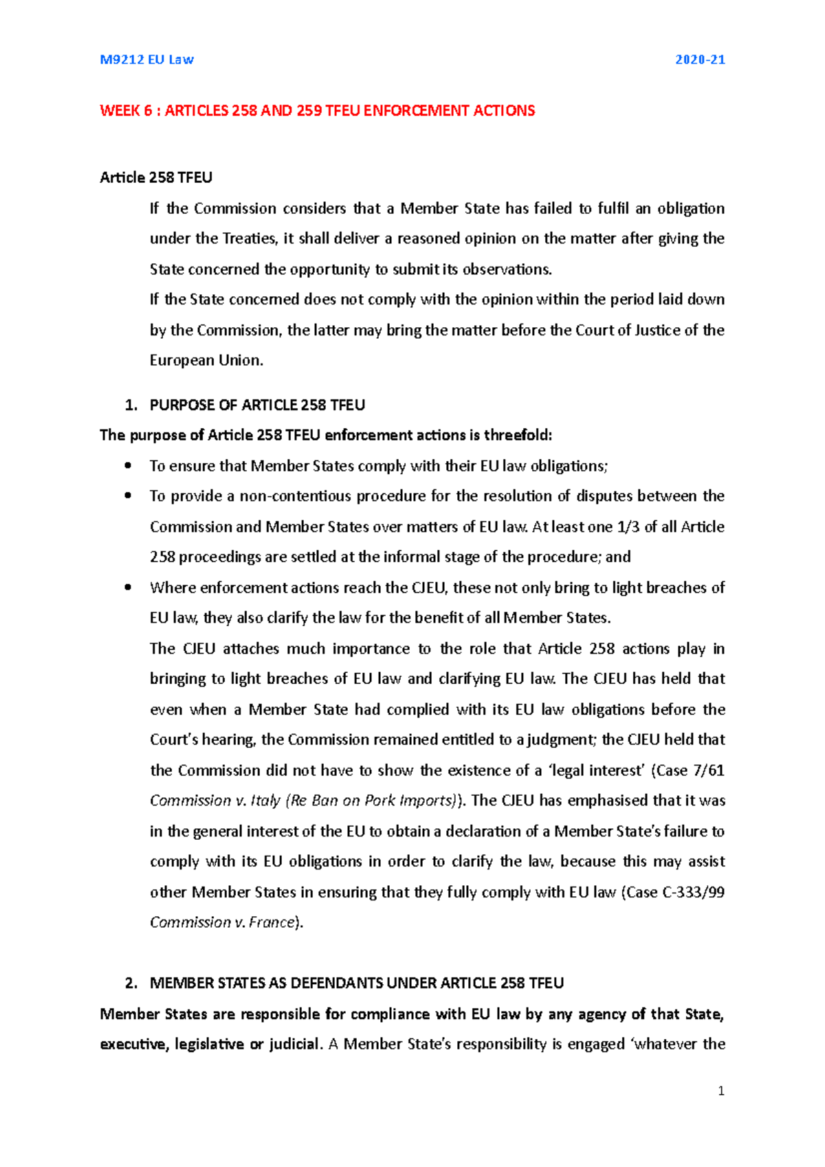 6 Articles 258 AND 259 TFEU Enforcement Actions WEEK 6 ARTICLES 258 6-articles-258-and-259-tfeu-enforcement-actions-week-6-articles-258