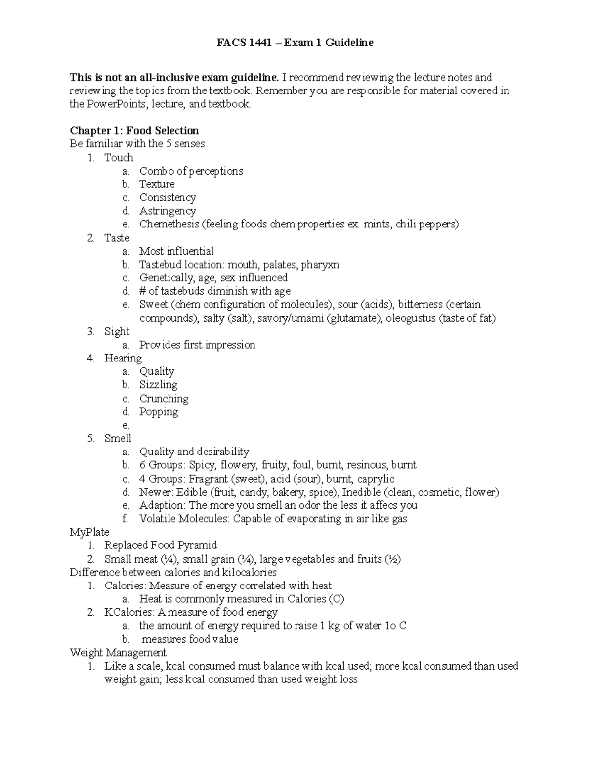 FACS Exam 1 - Exam review for the final - This is not an all-inclusive ...