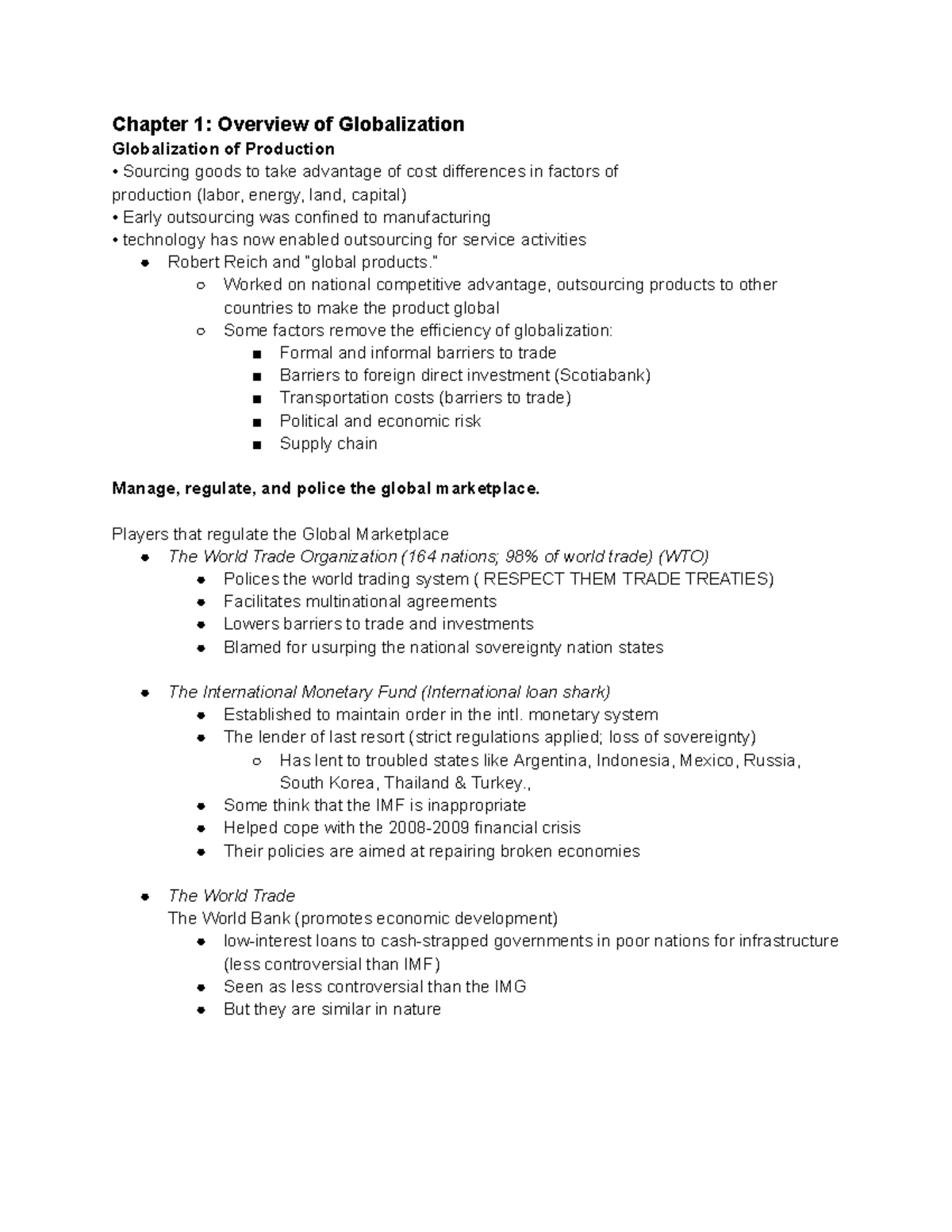 Exam Notes 462 - Chapter 1: Overview of Globalization Globalization of ...