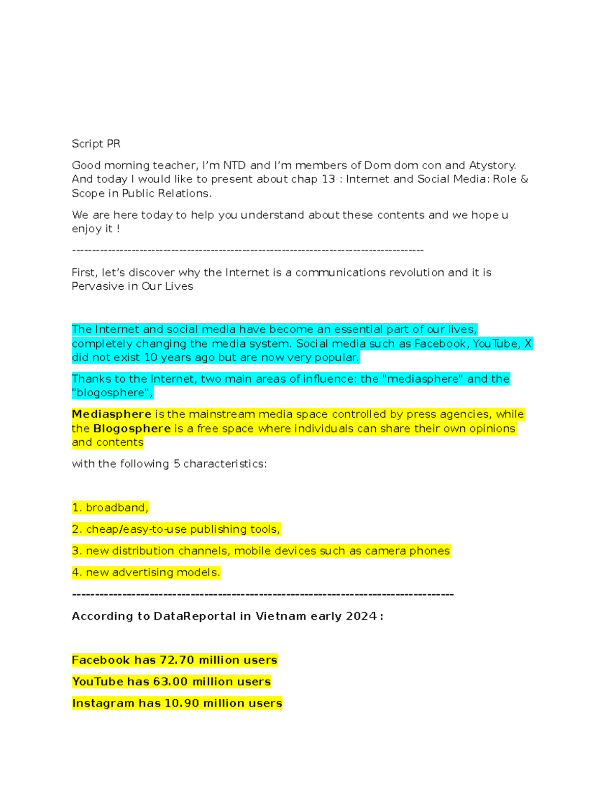 Script PR - Script PR Good morning teacher, I’m NTD and I’m members of Dom dom con and Atystory ...