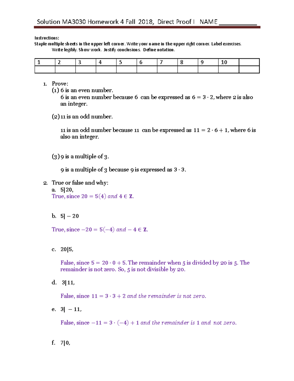 Solhw 4Direct Proof - Solution MA3030 Homework 4 Fall 2018, Direct ...
