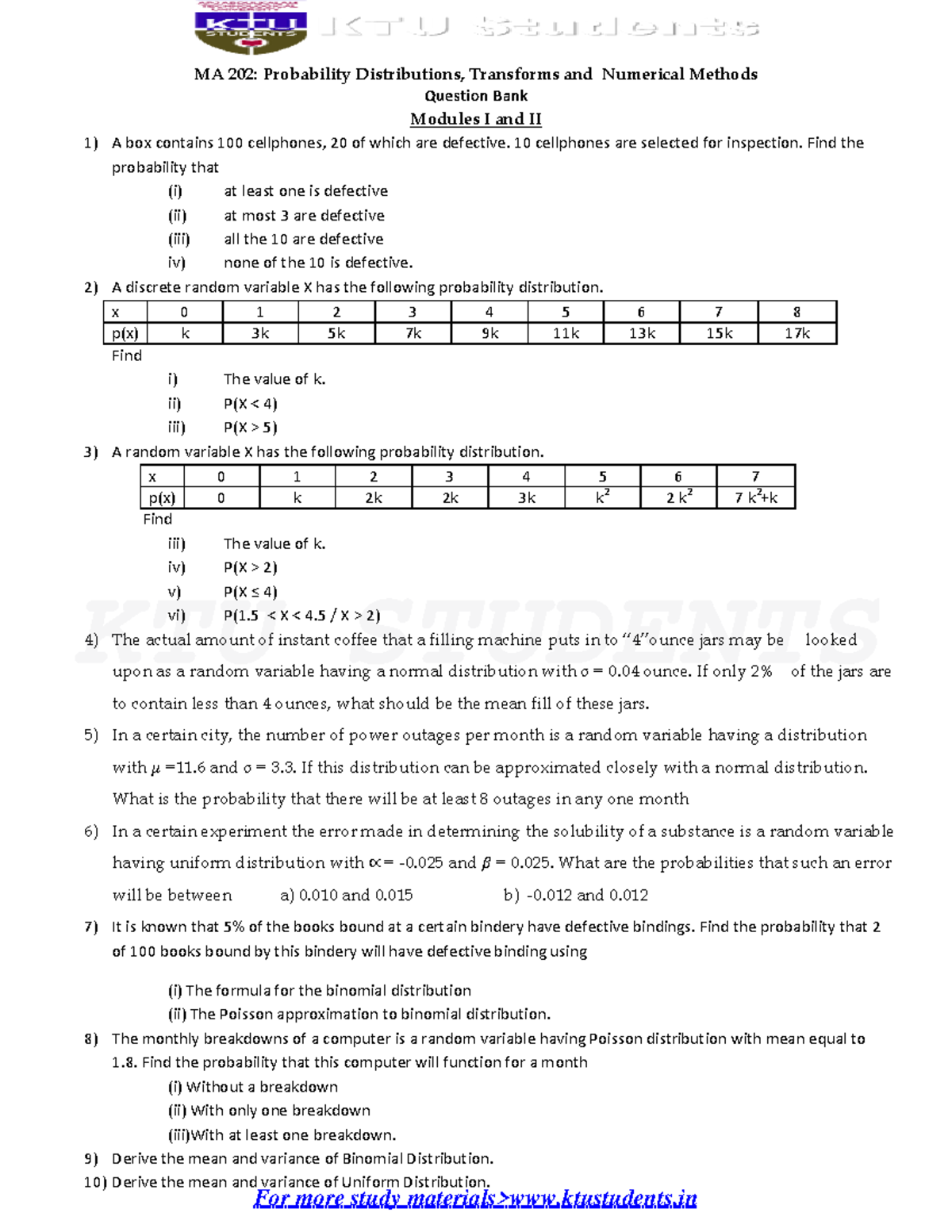 MA202-Question bank - MA202 University Question bank - MA 202: Probability Distributions ...