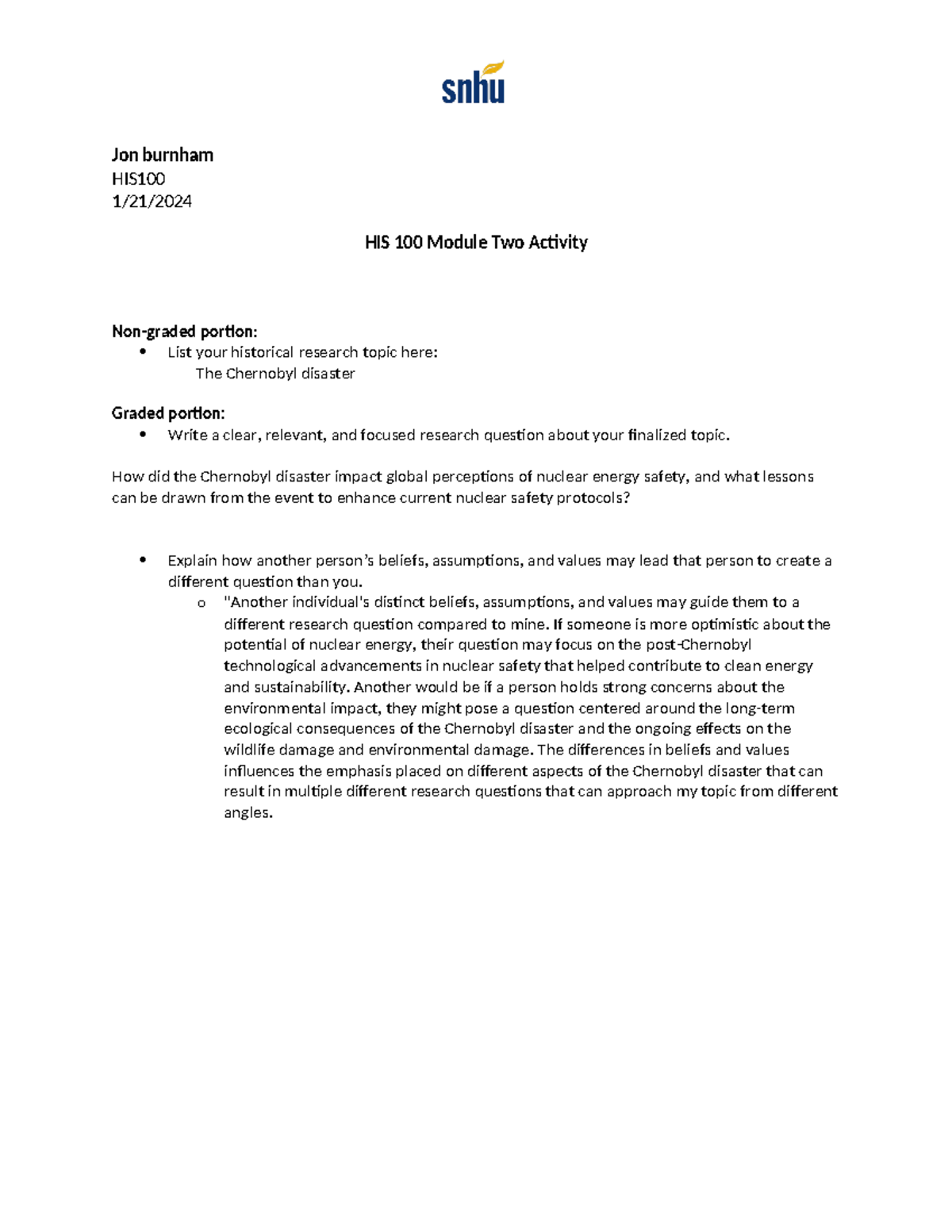 HIS 100 Module Two Activity Research Question - Jon burnham HIS 1/21 ...