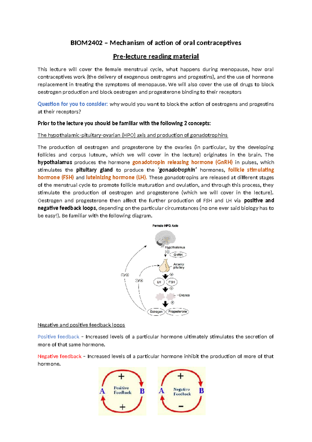 BIOM2402 oral contraceptives prelecture material - BIOM2402 – Mechanism of action of oral - Studocu
