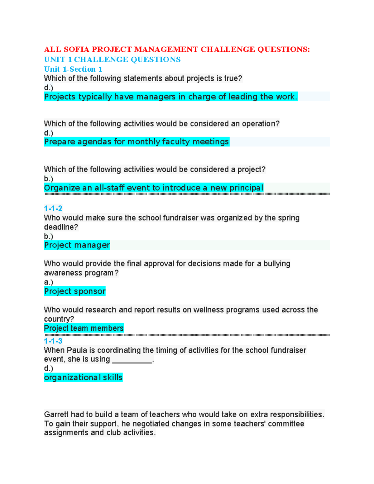 Project management sofia Unit 1 challenges - ALL SOFIA PROJECT MANAGEMENT CHALLENGE QUESTIONS ...