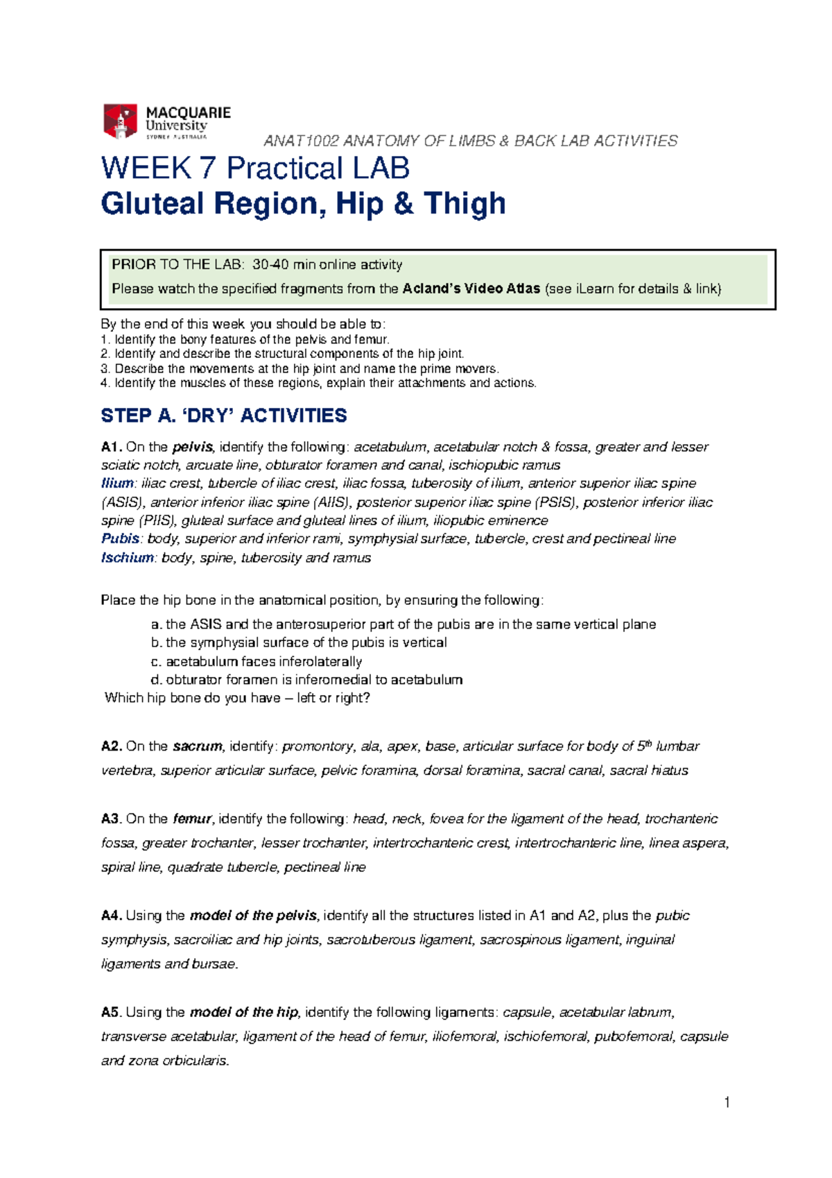 Lab5 week 5 practice for practical test 1 - ANAT1002 ANATOMY OF LIMBS ...
