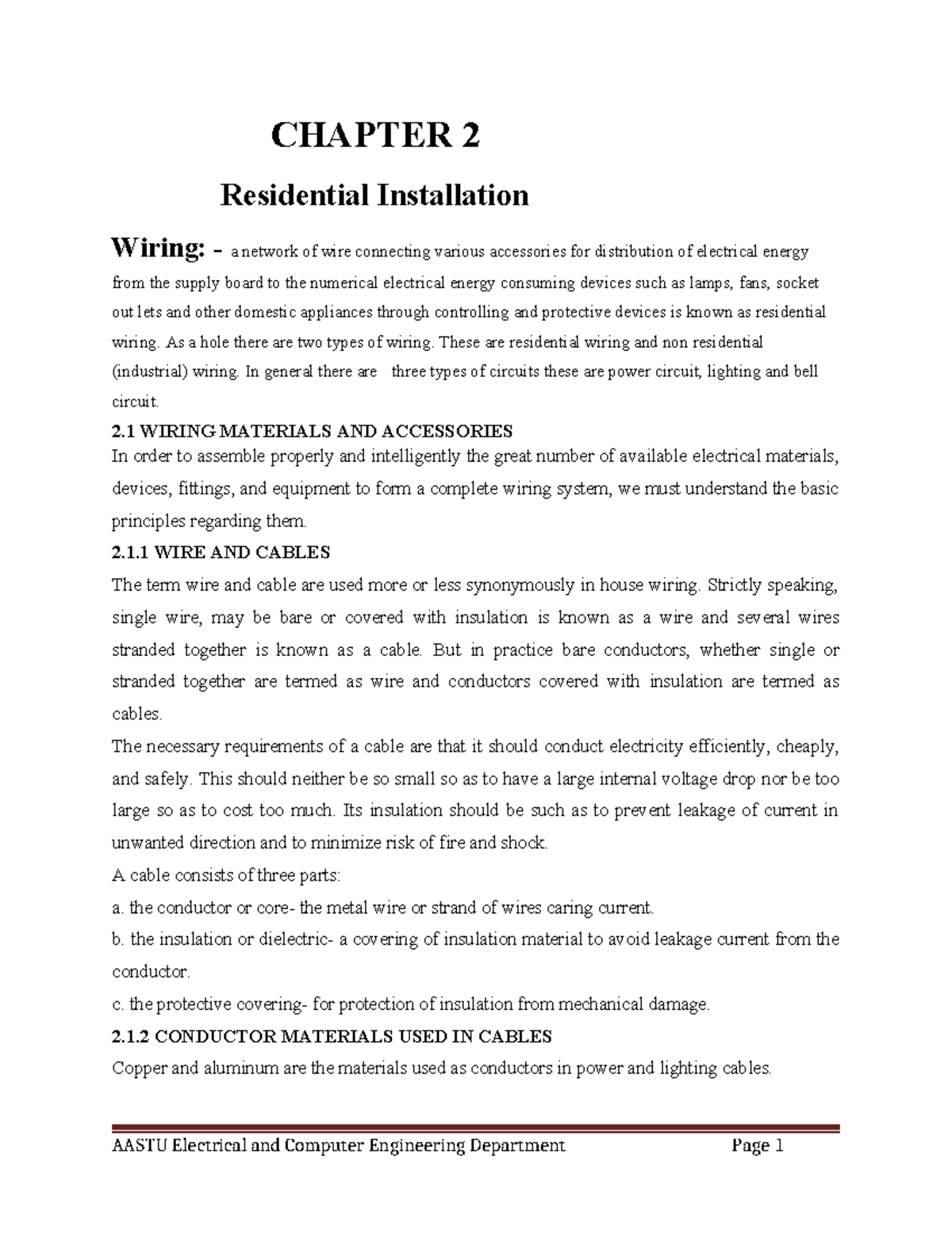 Chapter 2 Residential Installation - CHAPTER 2 Residential Installation Wiring: - a network of ...