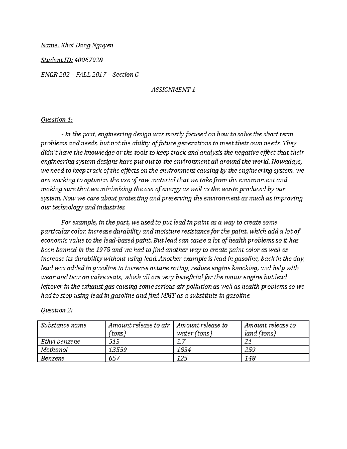 Assignment 1_ENGR202 - Name: Khoi Dang Nguyen Student ID: 40067928 ENGR 202 – FALL 2017 ...