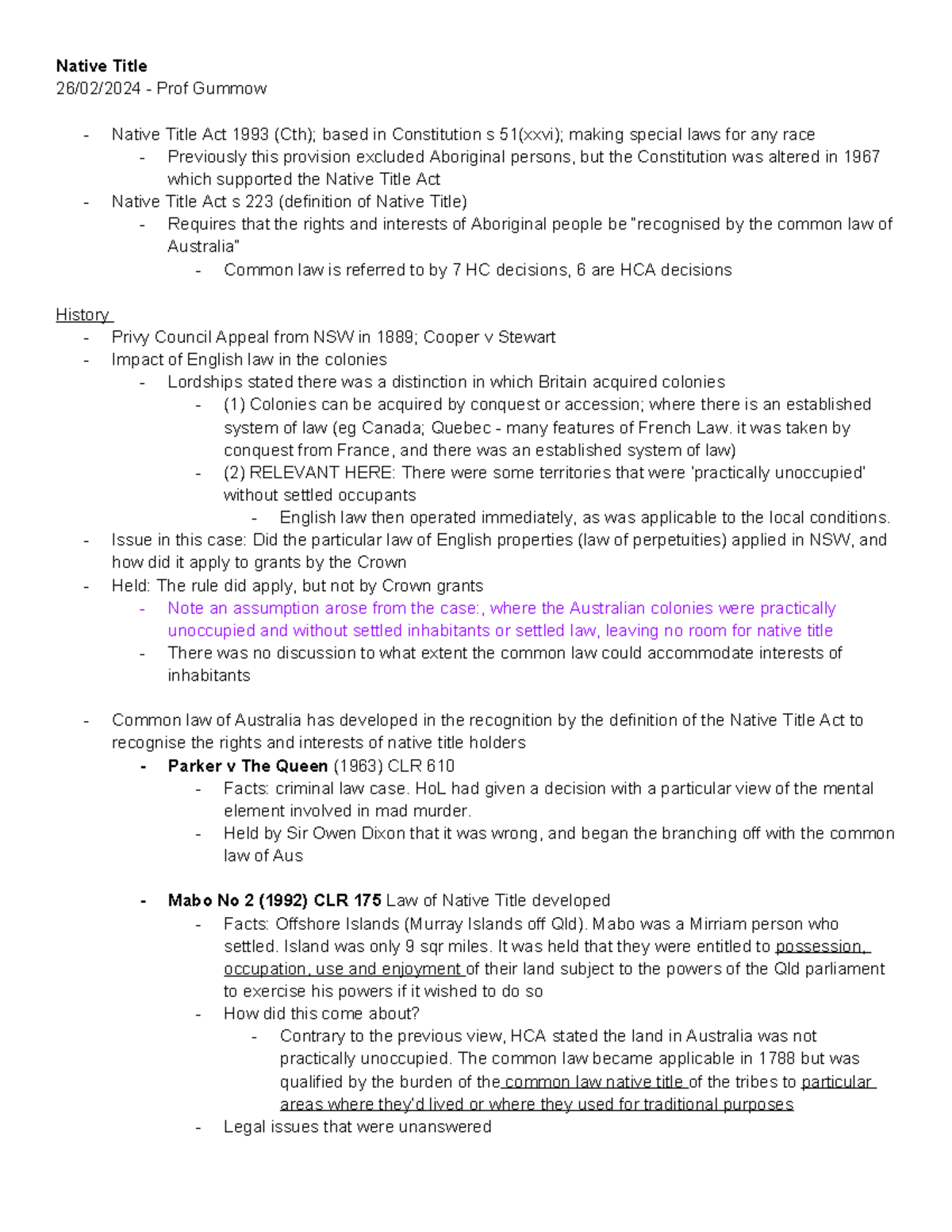 Lecture 3 Native Title - Native Title 26/02/2024 - Prof Gummow - Native ...