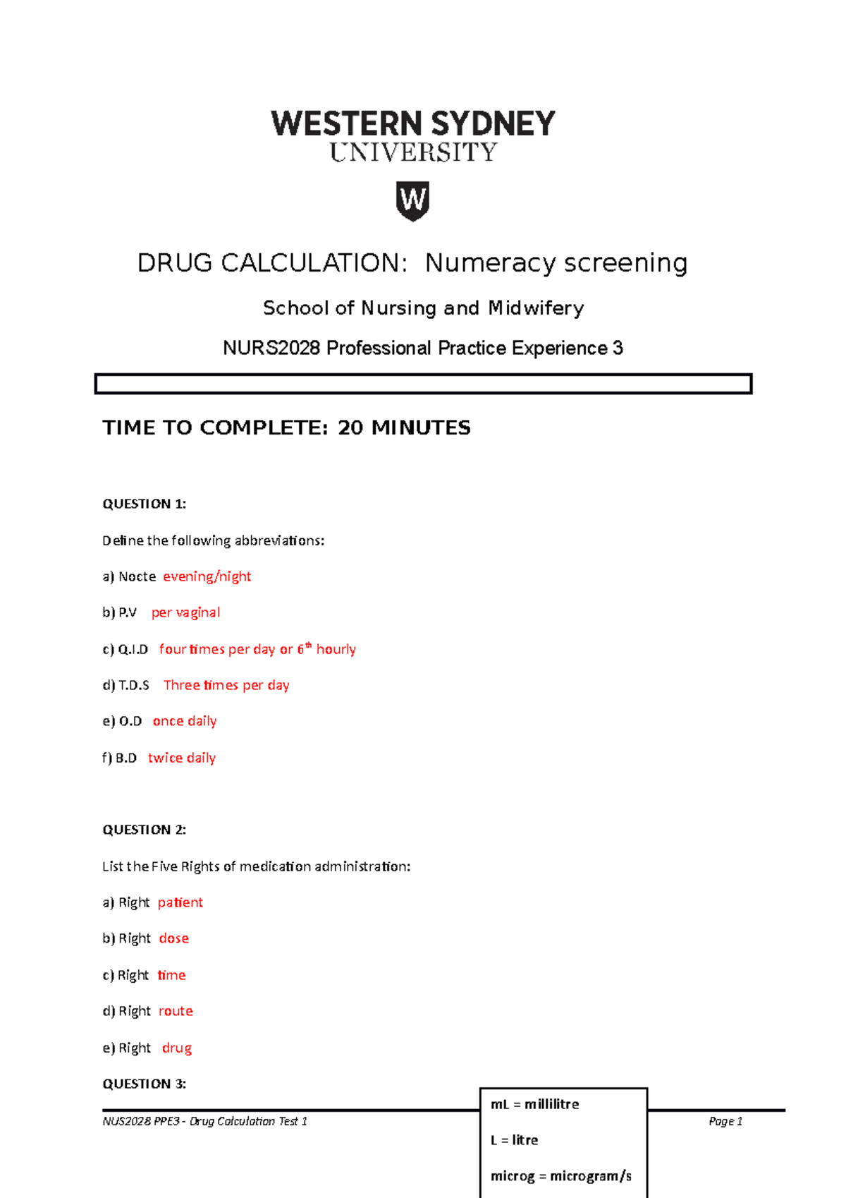 Practice Drug Calculation Test 1 With Answers DRUG CALCULATION
