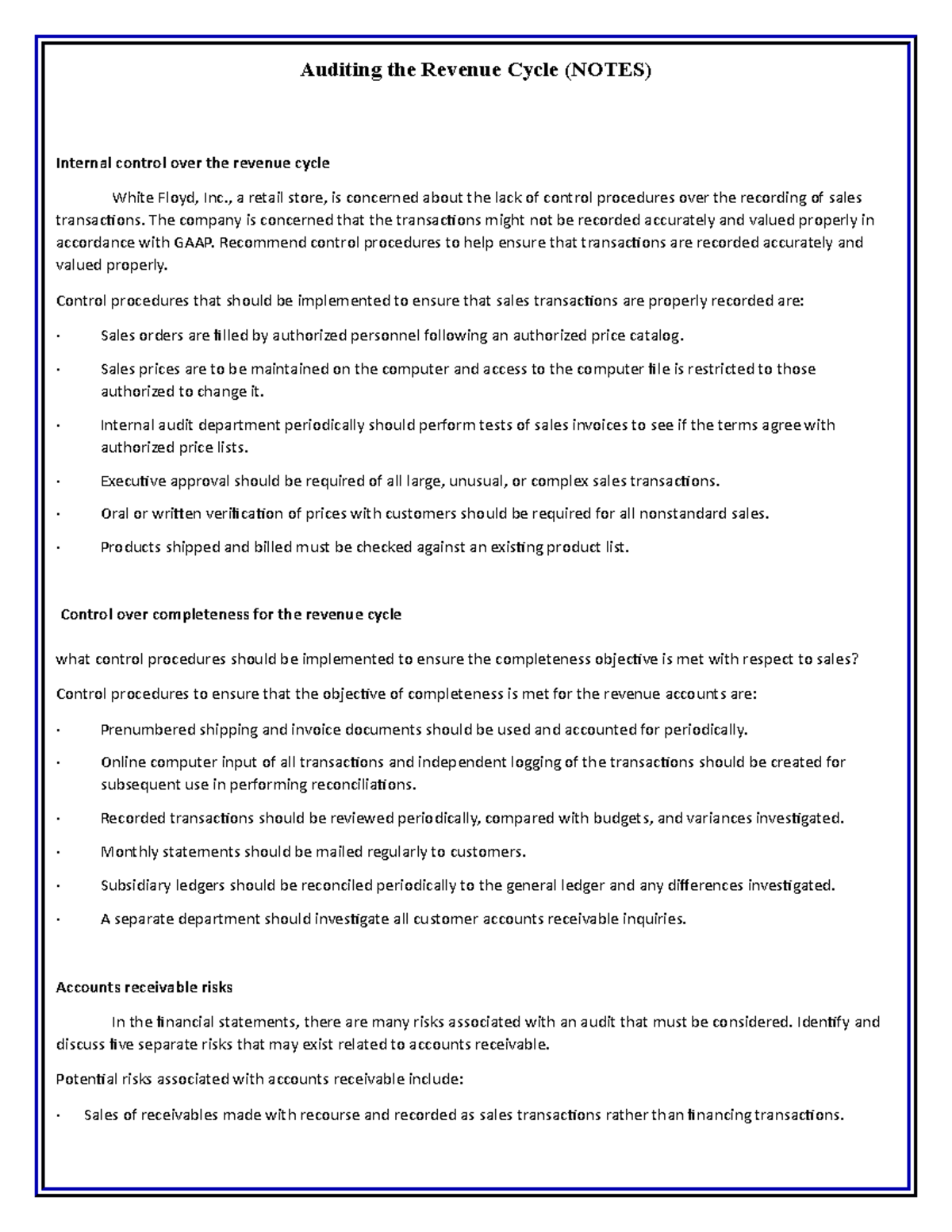 Auditing the Revenue Cycle ( Notes) - Auditing the Revenue Cycle (NOTES ...