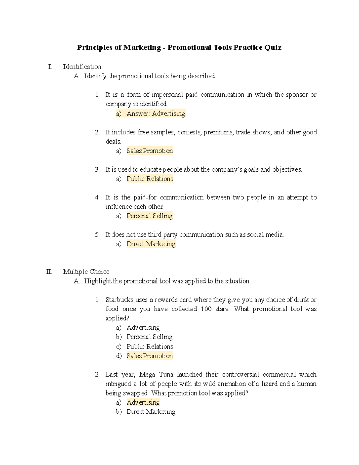 Marketing Promotional Tools Practice Quiz - Identification A. Identify ...
