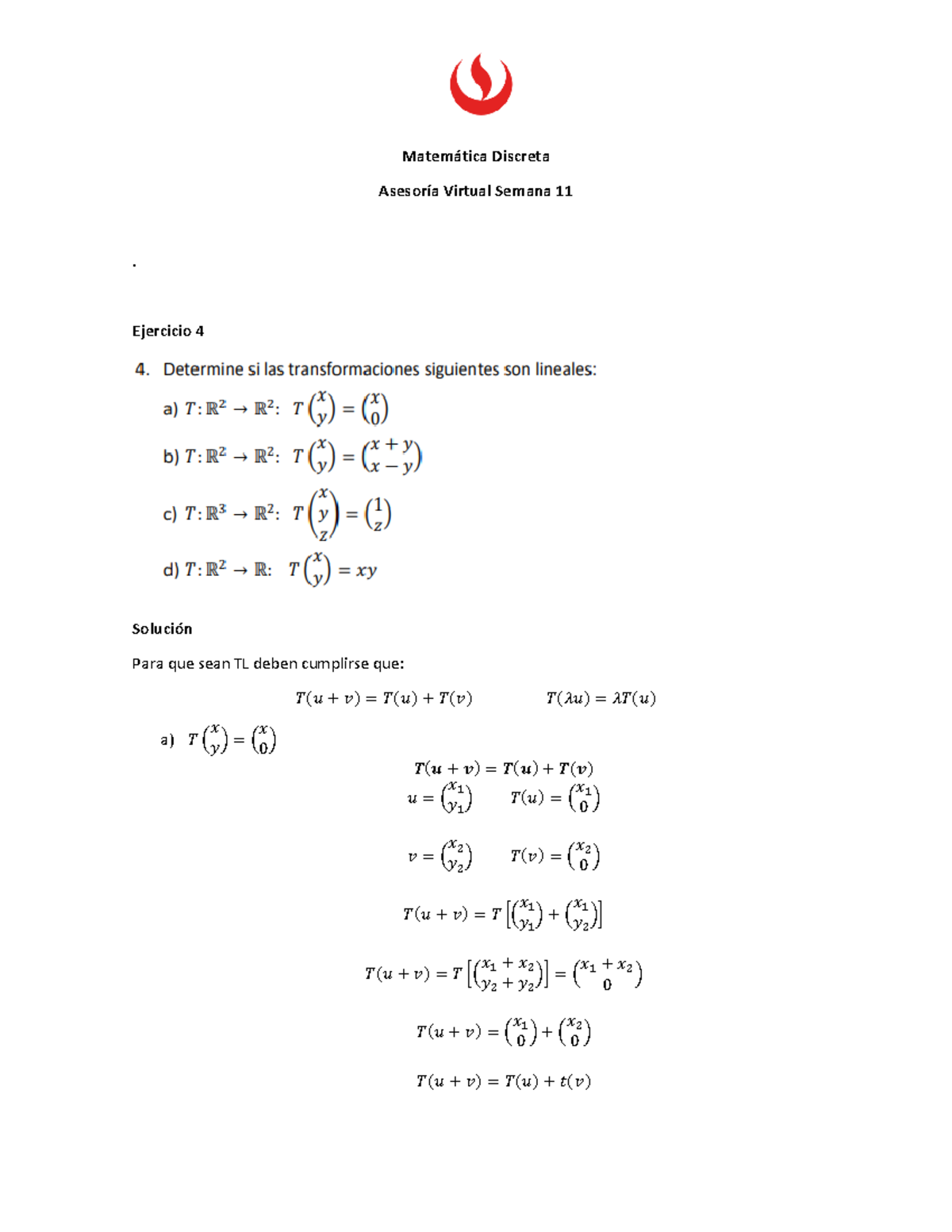 Tarea Asesoria 12 V2 - Ejercicios resueltos de Transformaciones lineales. - Matemática Discreta ...