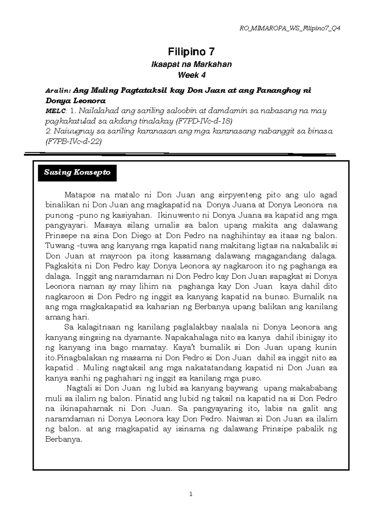 Filipino 7WS Q4 Week4 - Modyul sa Ikaapat na markahan- Ibong Adarna ...
