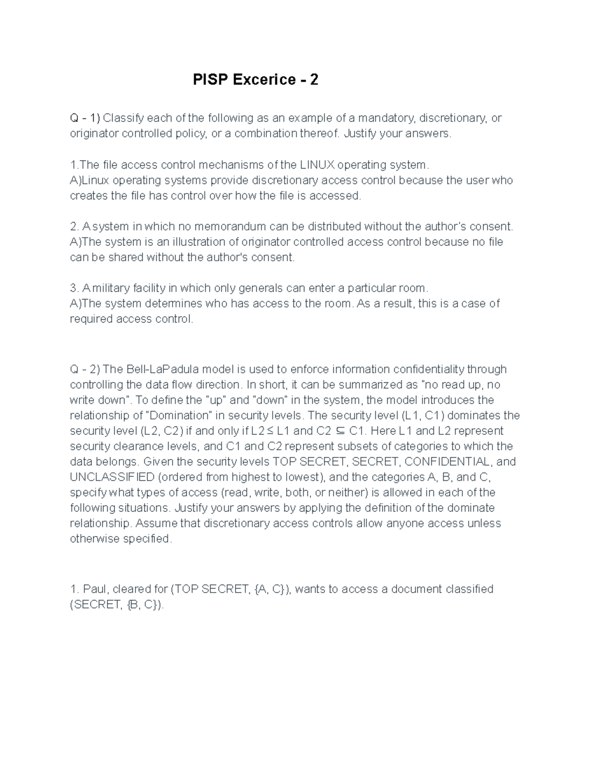 PISP Excerice - 2 - Justify your answers. 1 file access control ...