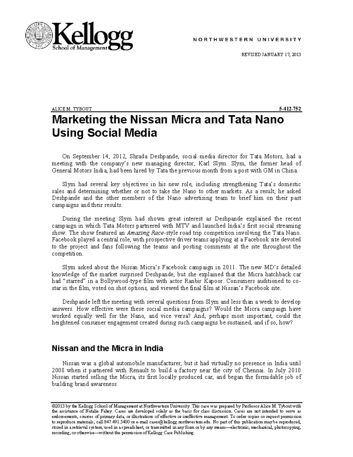 Case Study - MM - ©2013 by the Kellogg School of Management at ...