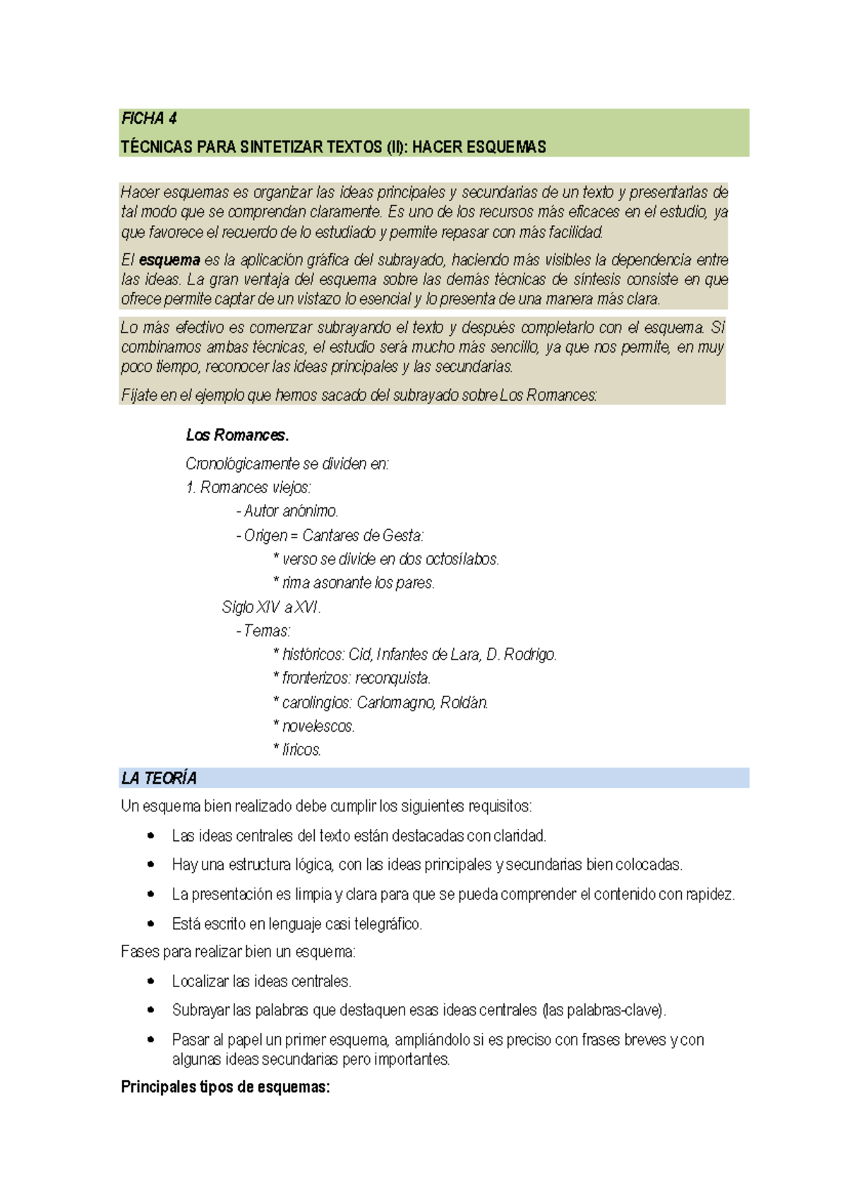Ficha-4 - FICHA 4 TÉCNICAS PARA SINTETIZAR TEXTOS (II): HACER ESQUEMAS Los Romances. - Studocu