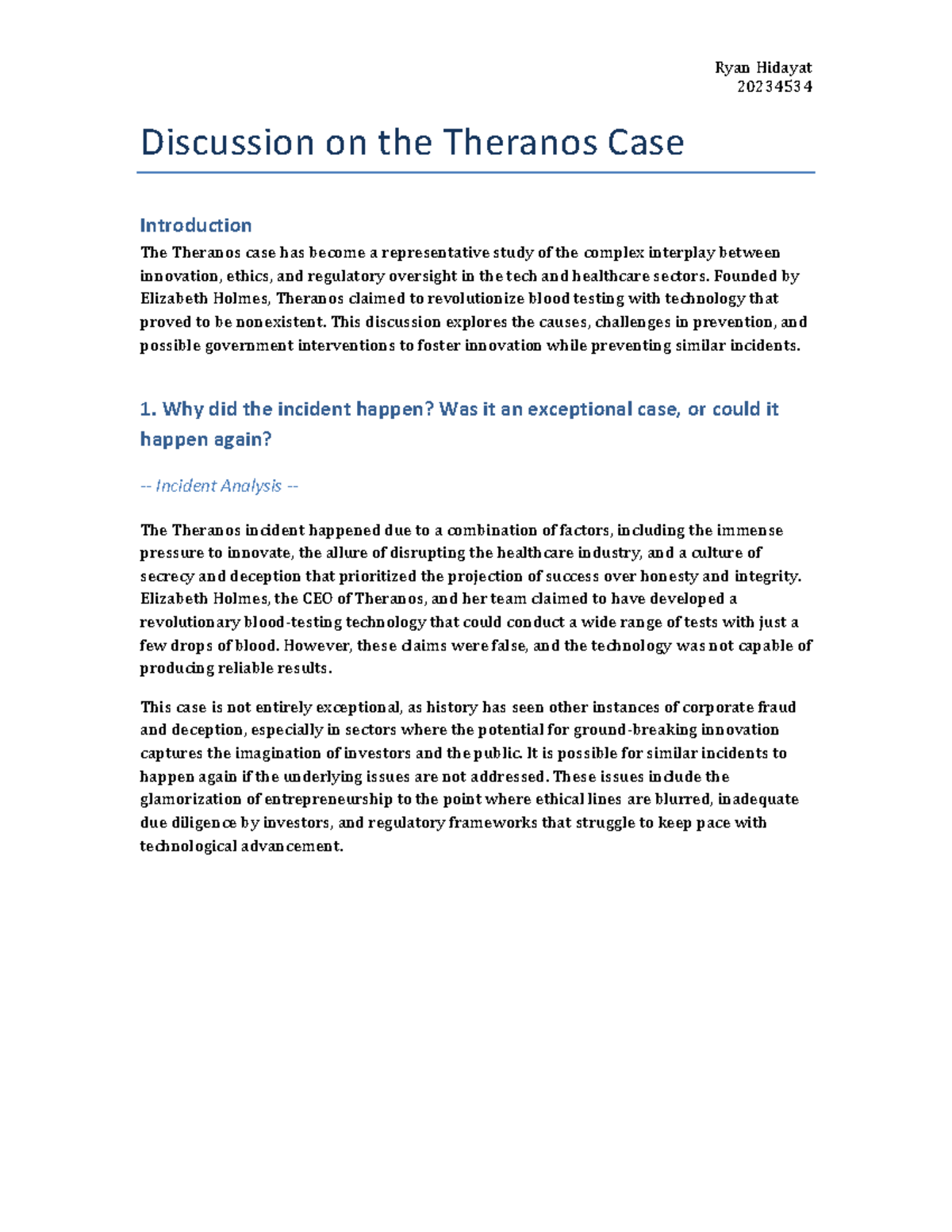 Ryan - Theranos Case Discussion - Ryan Hidayat 20234534 Discussion on ...