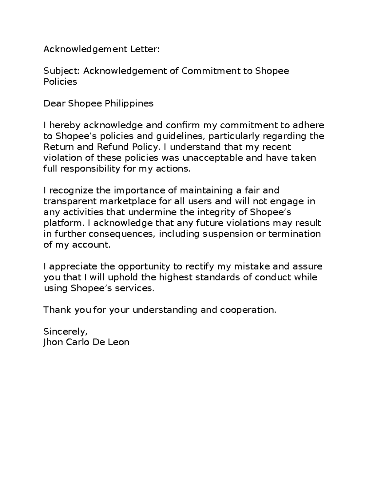 Acknowledgement Letter - Acknowledgement Letter: Subject ...