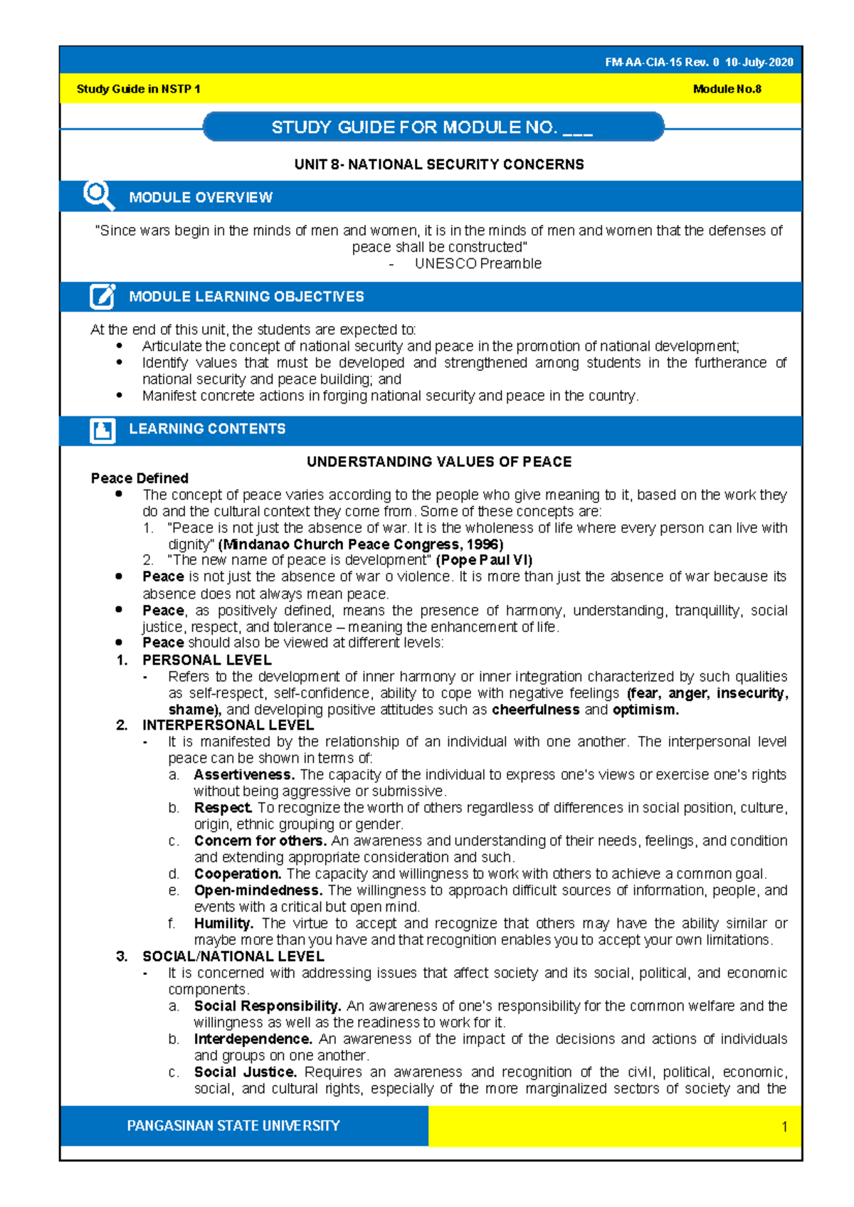 Study Guide 6 Understanding Values of Peace Part 2 - STUDY GUIDE FOR ...