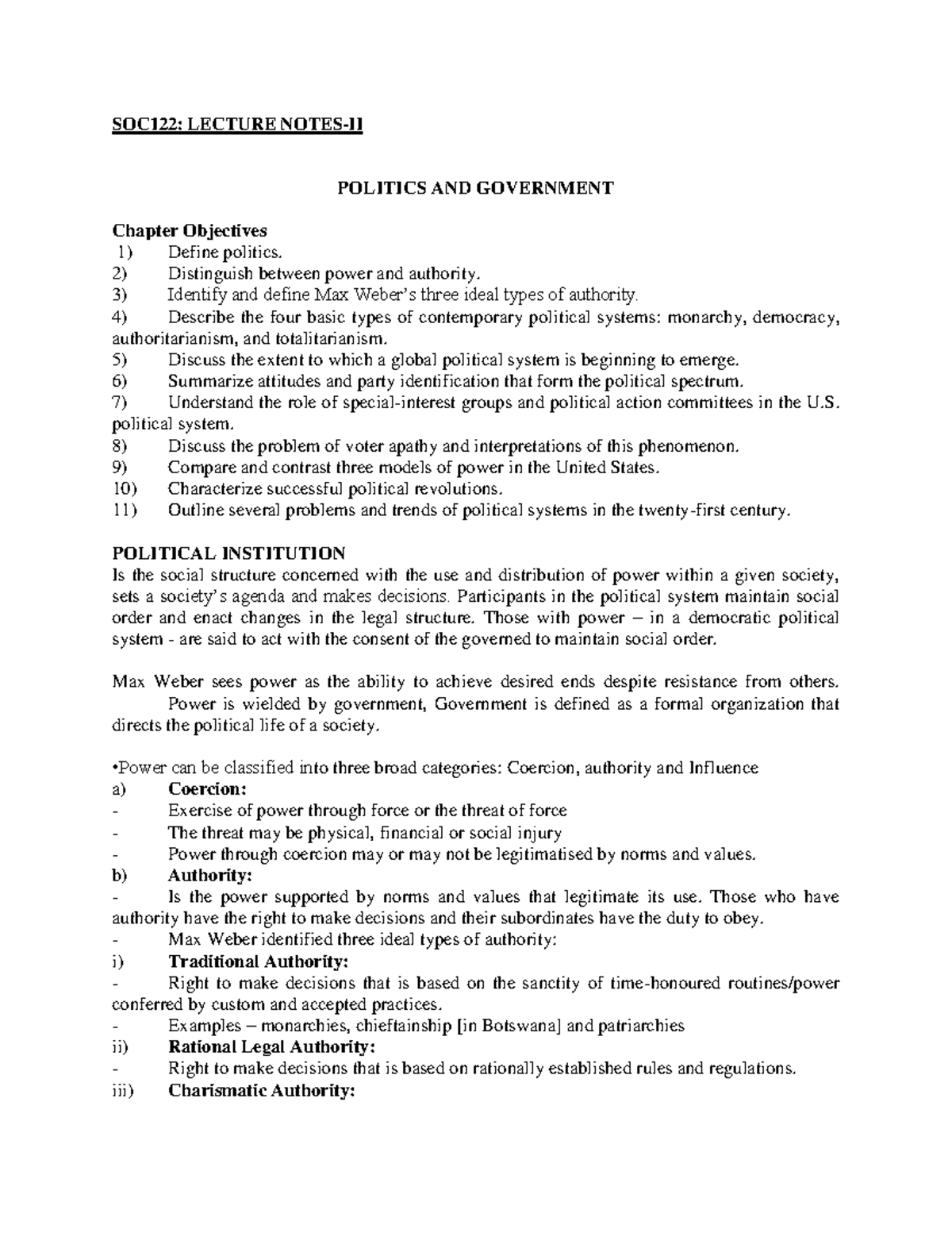 The Political institution - SOC122: LECTURE NOTES-II POLITICS AND ...